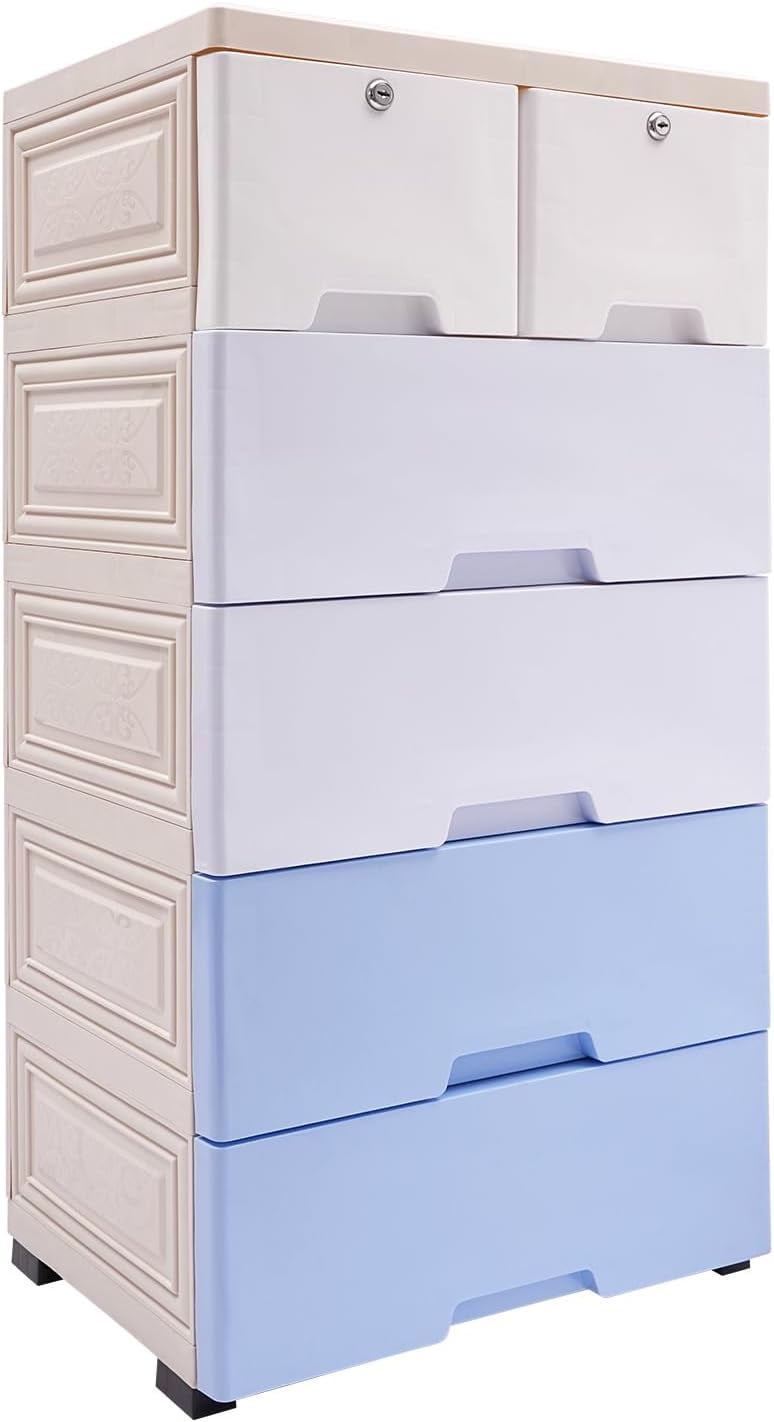 6-Drawer Heavy Duty Plastic Dresser with Lockable Wheels, 5-Tier ...
