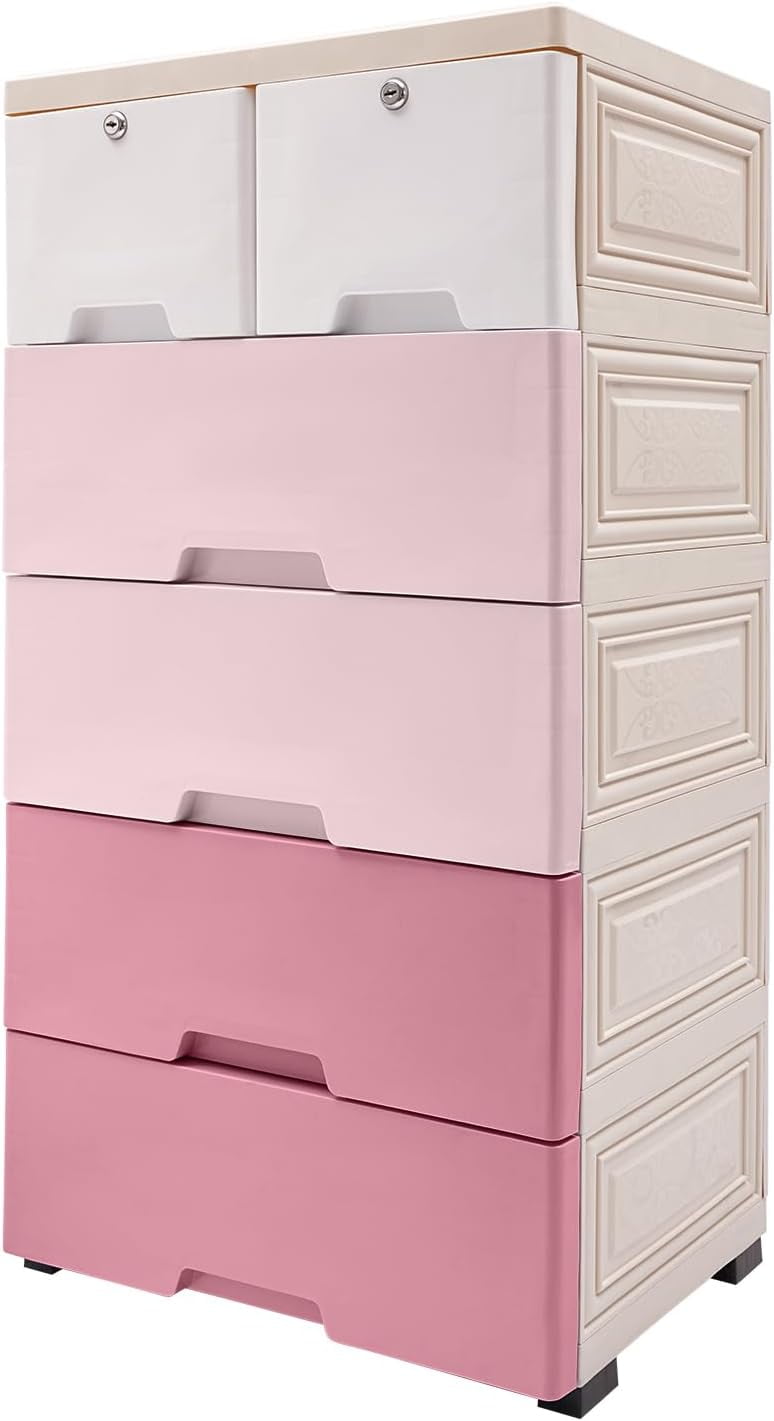6-Drawer Heavy Duty Plastic Dresser with Lockable Wheels, 5-Tier ...