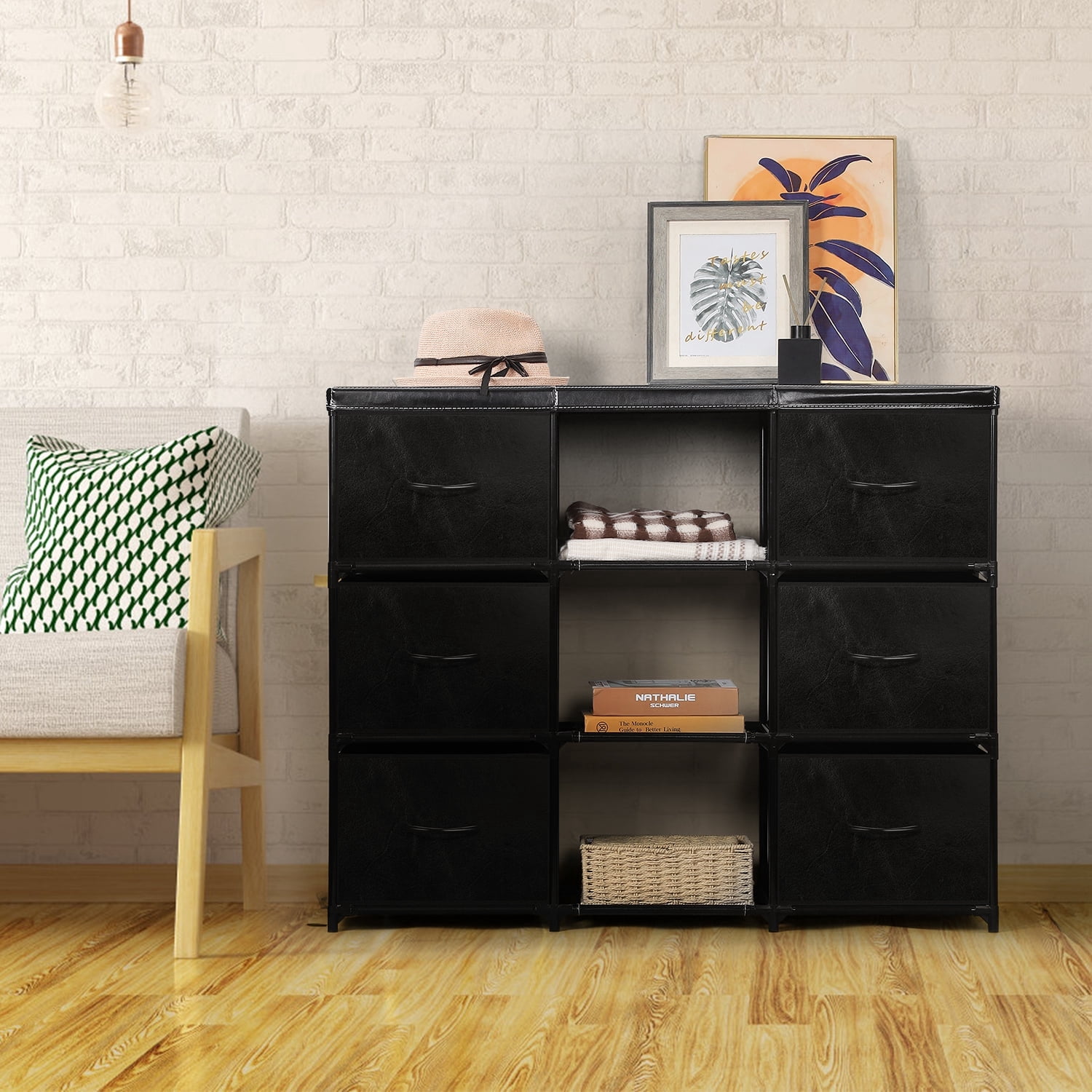 6-Drawer Leather-Covered Storage Cabinet with Fabric Drawers, Steel ...
