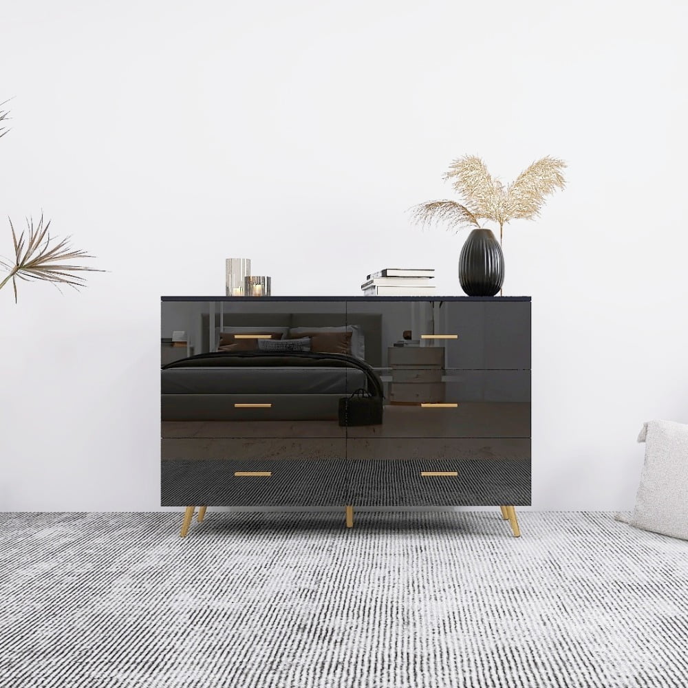 6-Drawer Modern Black Dresser with Gold Handle and Steel Legs - High ...