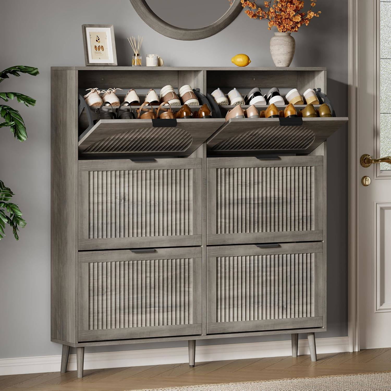 6-Drawer Narrow Shoe Storage Cabinet, 50" Tall Fluted Wood Organizer ...