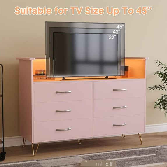 6 Drawer Pink Dresser for Bedroom, Modern Wooden Storage Chest with LED ...