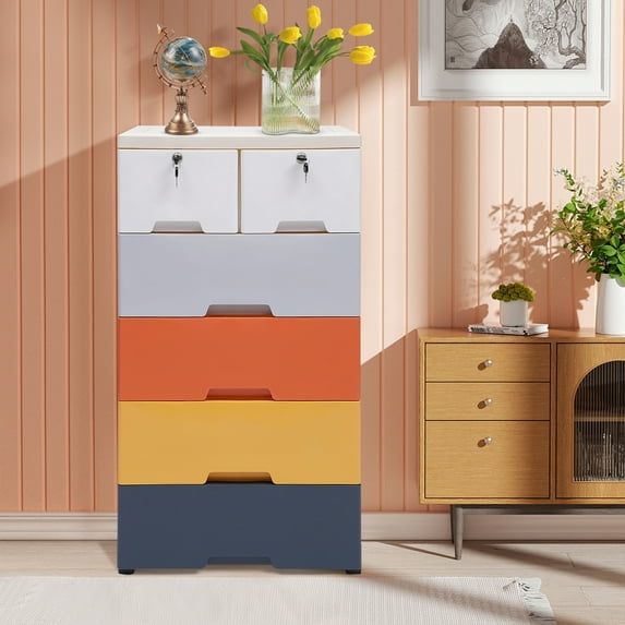 6-Drawer Plastic Storage Cabinet with Lockable Drawers, Wheels ...