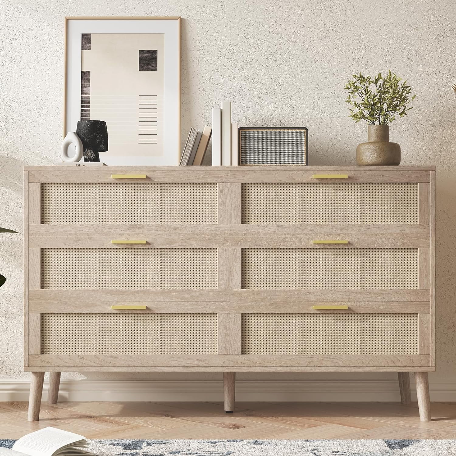 6 Drawer Rattan Dresser, 47.2" x 15.7" x 29.5" Rattan Chest of Dressers ...