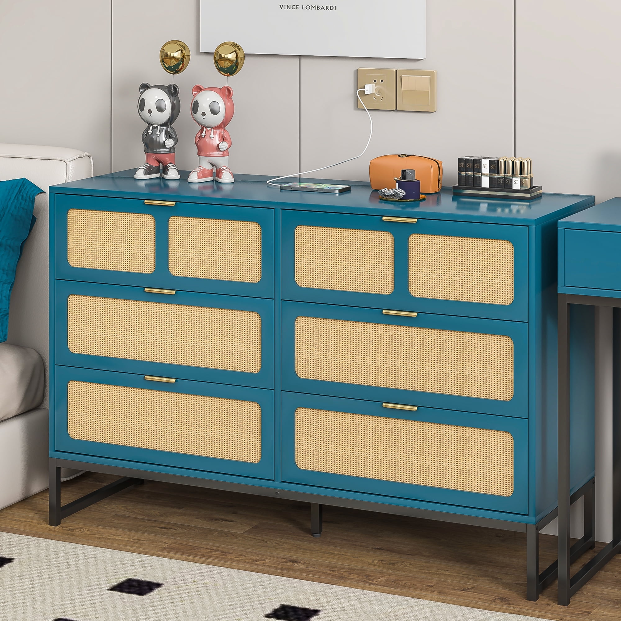Natural Wooden 6-Drawer Rattan Dresser, Double Dresser, Wood Chest for ...