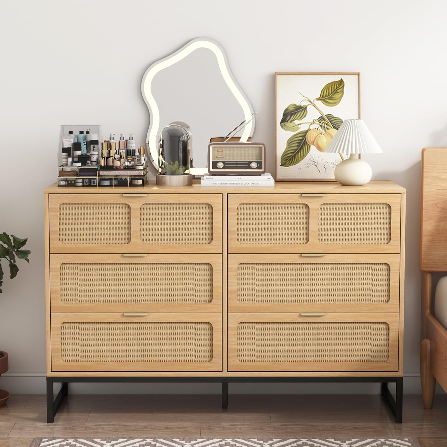 6 Drawer Rattan Dresser Modern Dresser with Rattan Drawers Farmhouse ...