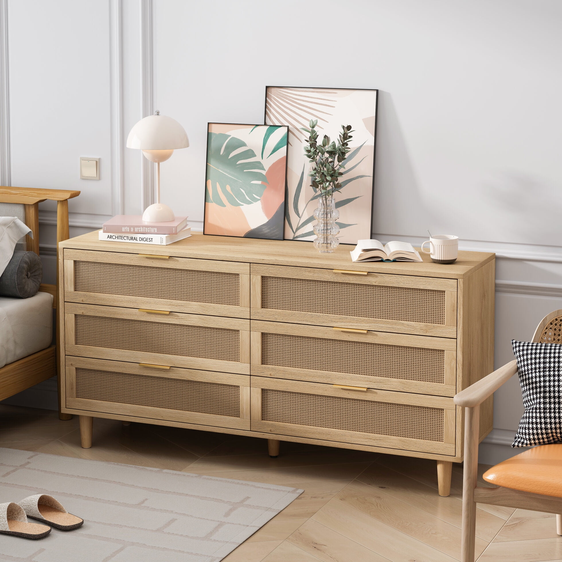 6-Drawer Rattan Storage Cabinet with White Slides, Natural Woven ...