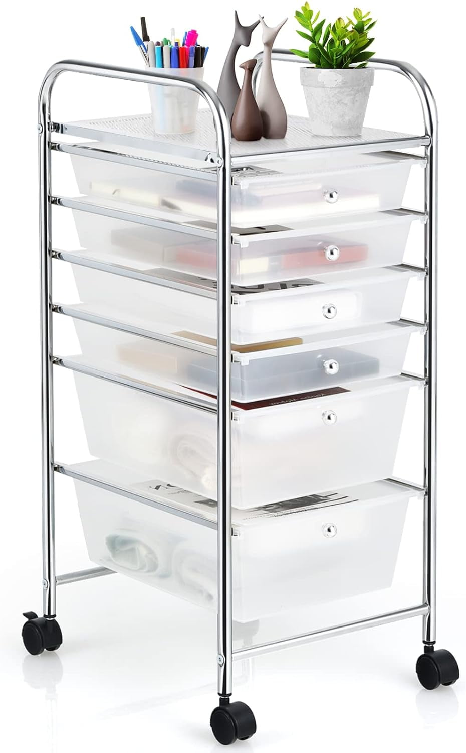 6-Drawer Rolling Cart, Clear Plastic Drawer Organizer w/Lockable Wheels ...
