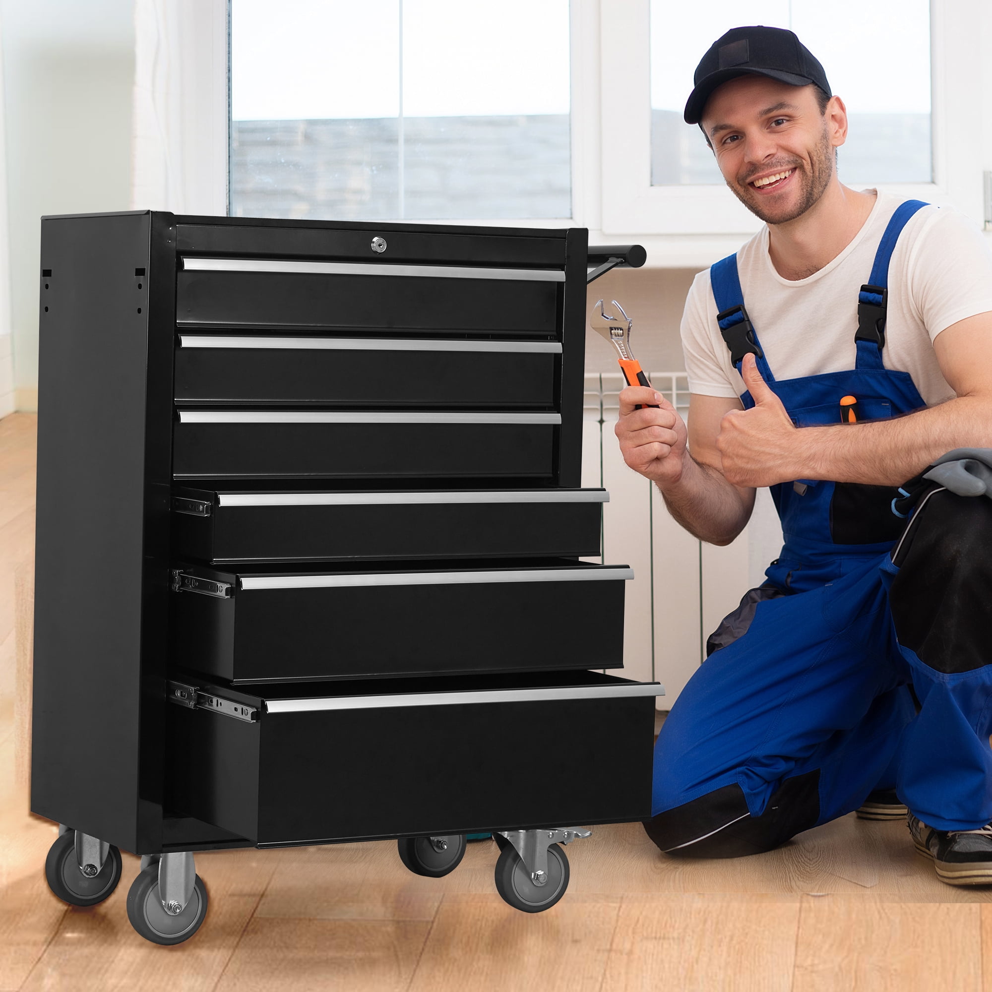 6-Drawer Rolling Tool Chest Cabinet, Large Capacity Metal Tool Box with Wheels and Locking, Roll ...