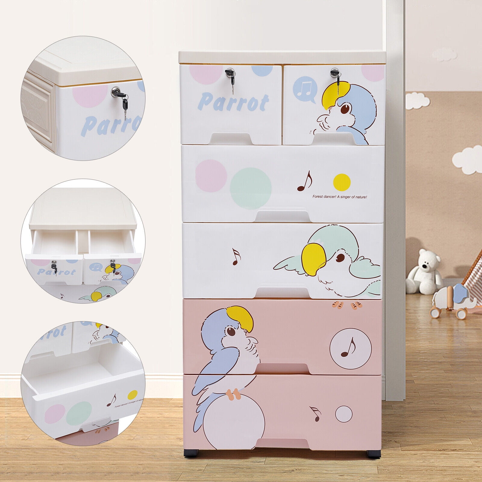 6 Drawer Storage Cabinet Bedroom Cartoon Parrot Organizer Plastic Toys ...