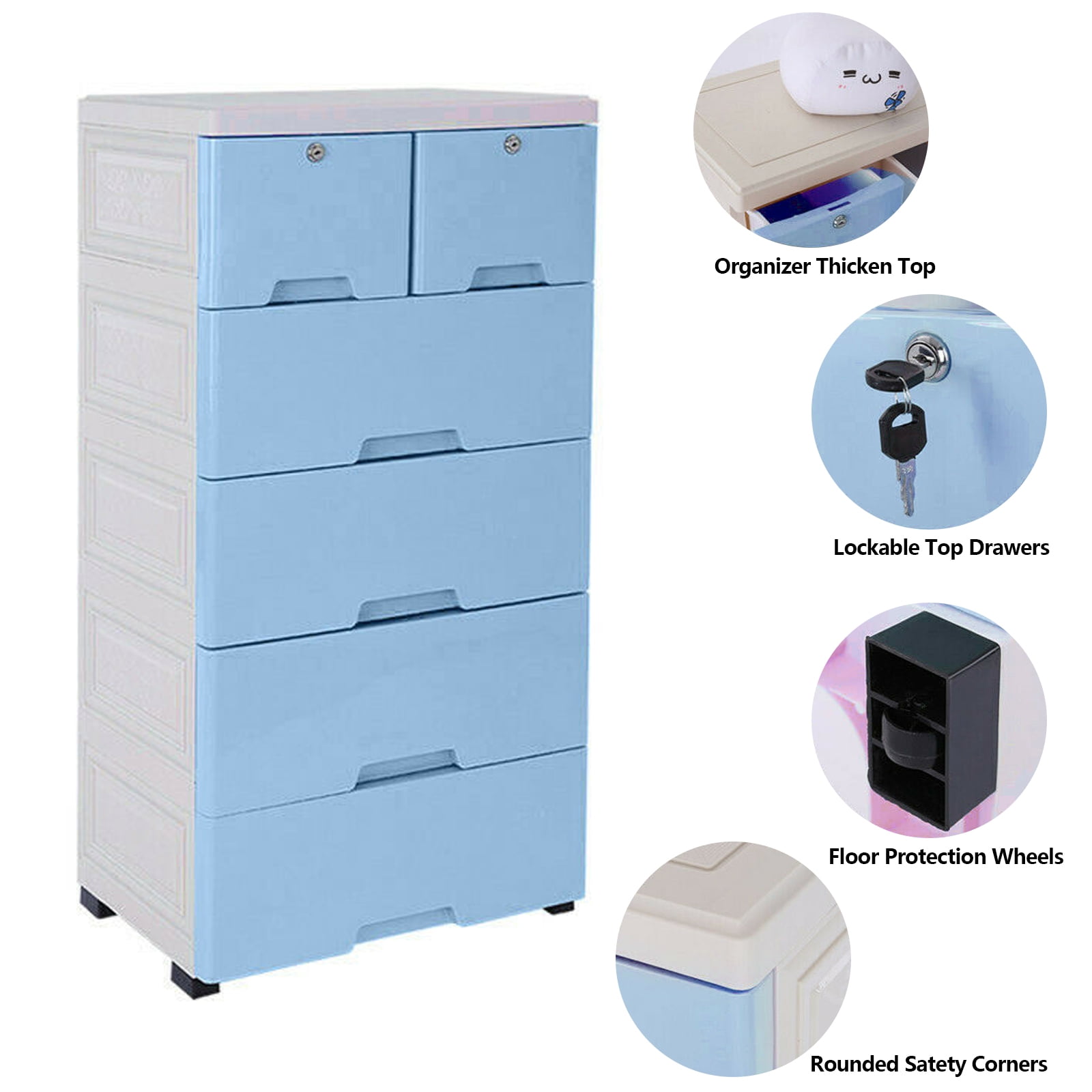 6 Drawer Vertical Chest, Portable Storage Cart with Wheels, Plastic ...