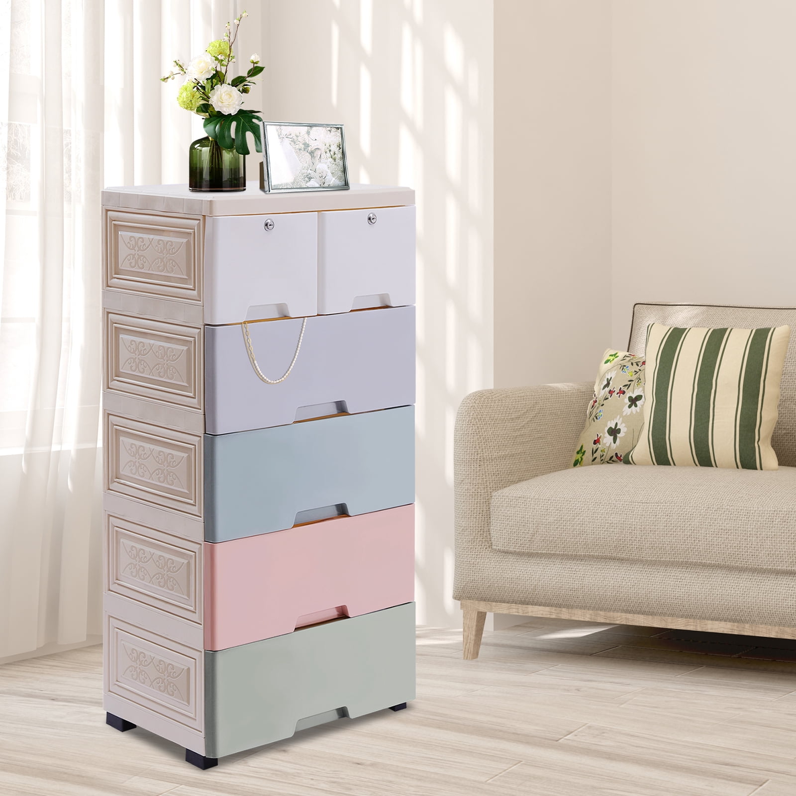 6-Drawer Vertical Storage Cabinet - Durable PP Organizer with Lockable ...