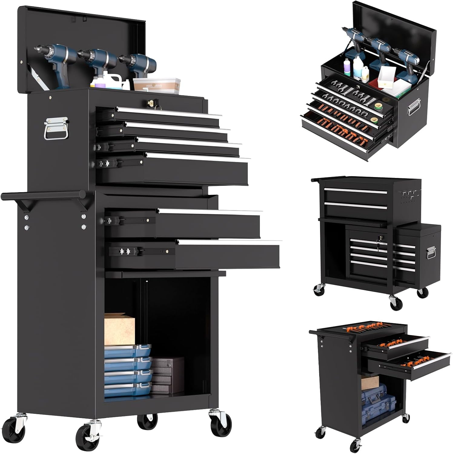 6-Drawers Black Large Tool Chest Tool Box Organizer with Lockable, 2-In ...