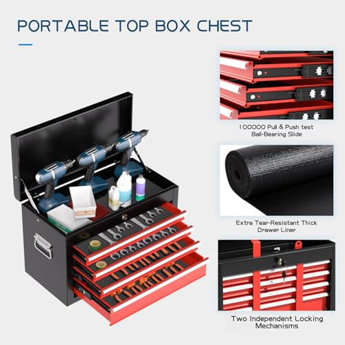6-Drawers Black Large Tool Chest Tool Box Organizer with Lockable, 2-In ...