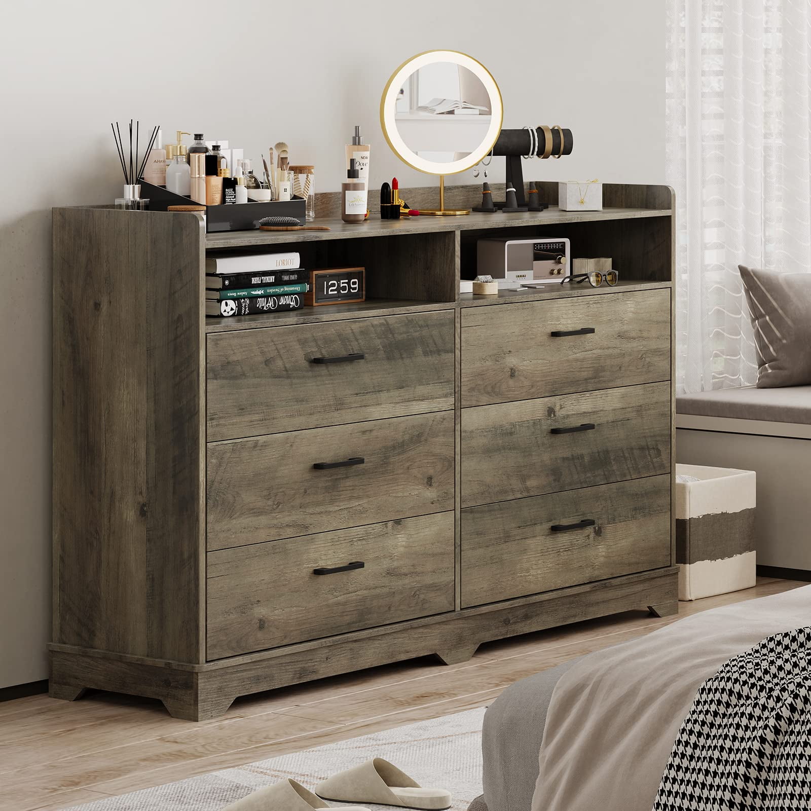 6 Drawers Double Dresser Wood Storage Tower Cabinet for Bedroom, Rustic ...