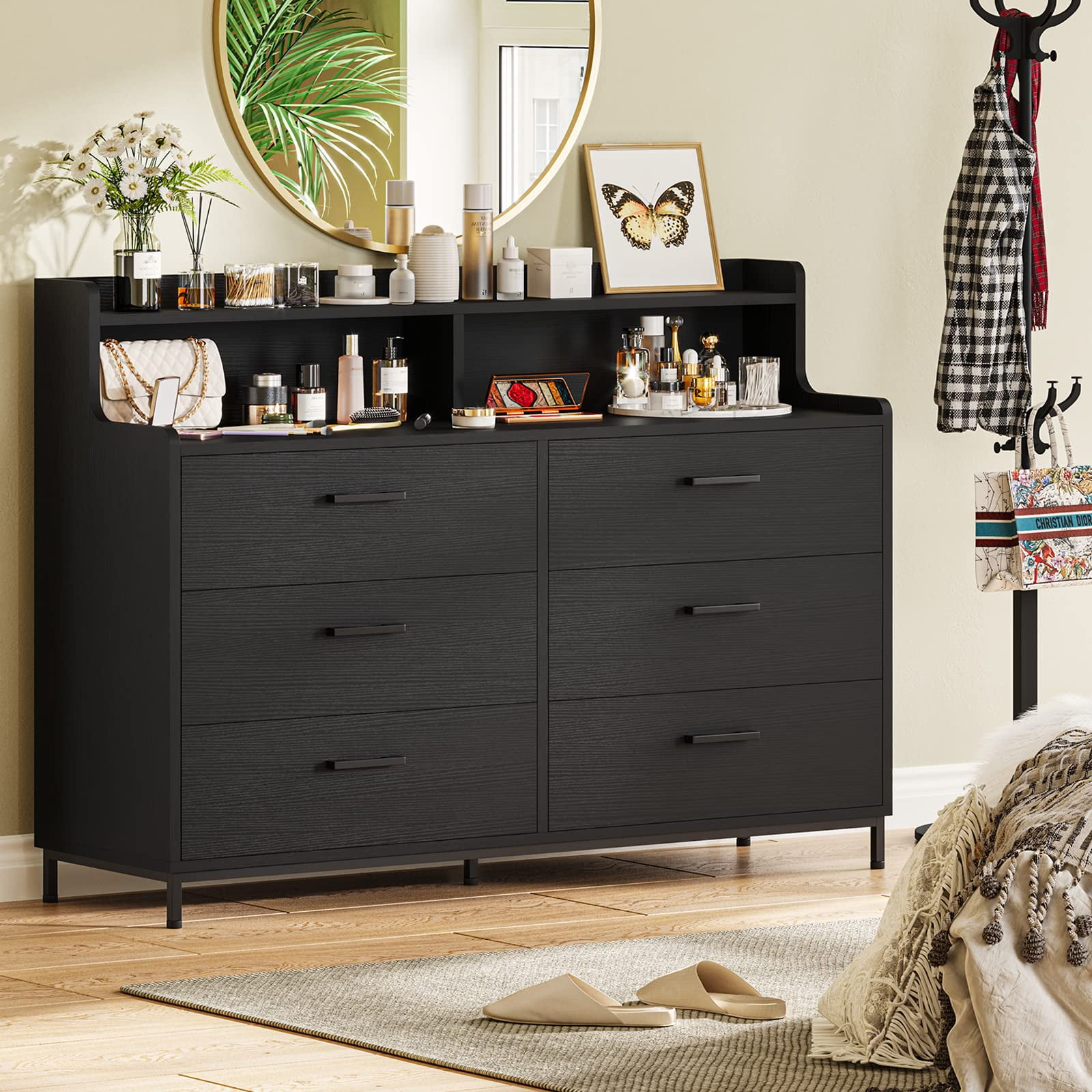 Walmart 6-Drawer Double Dresser with Shelves, Modern Black Chest for ...