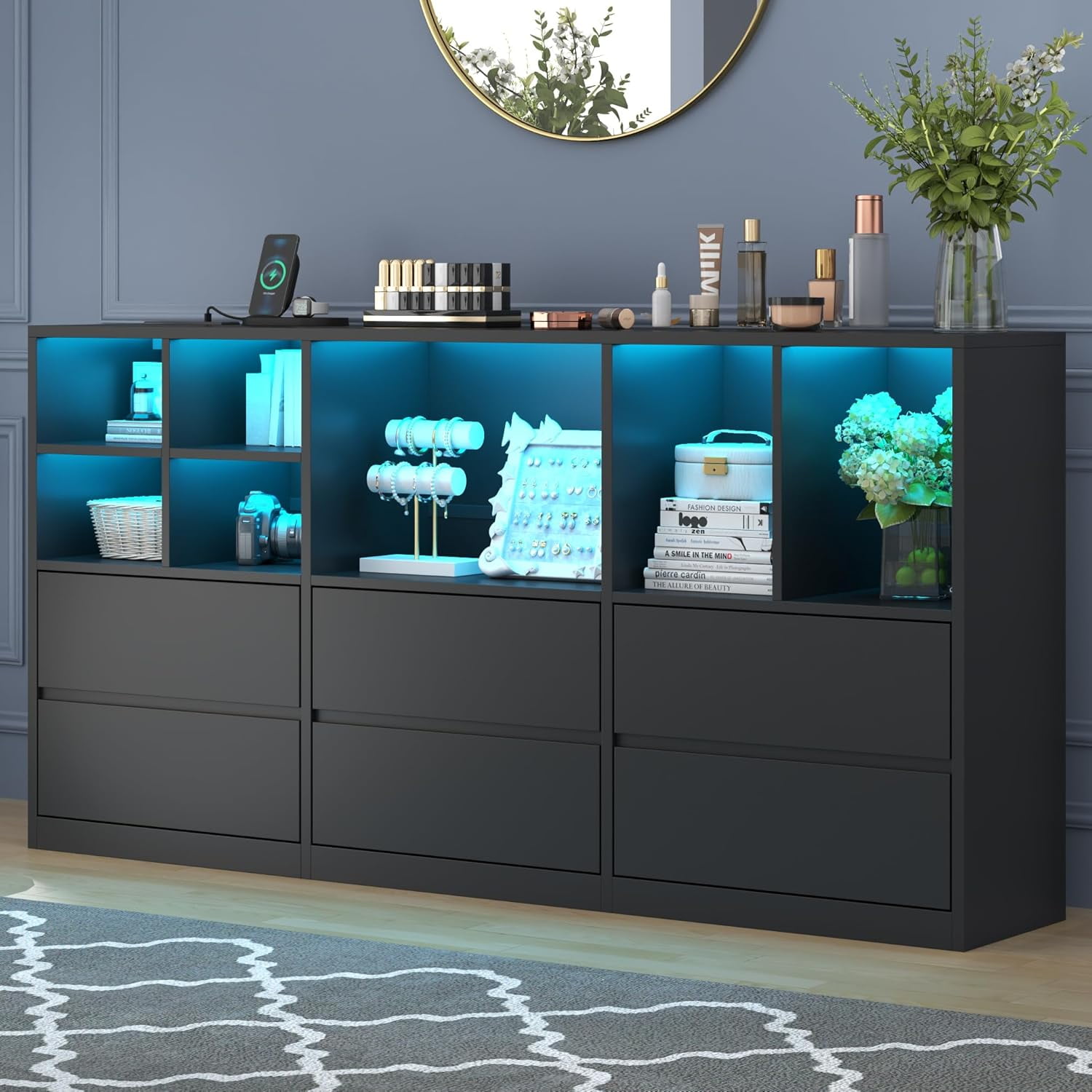 6 Drawers Dresser with 7 Storage Cubbies, LED Chest of Drawers with ...