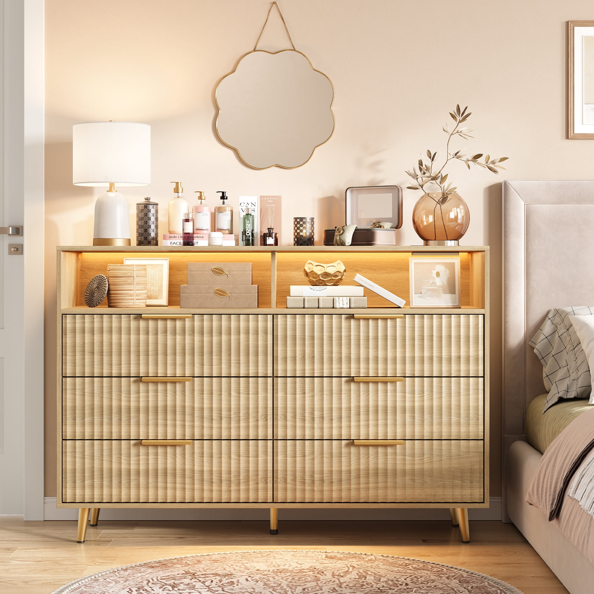 6 Drawers Dresser for Bedroom, 47.2" Wide Dressers with LED Lights and ...