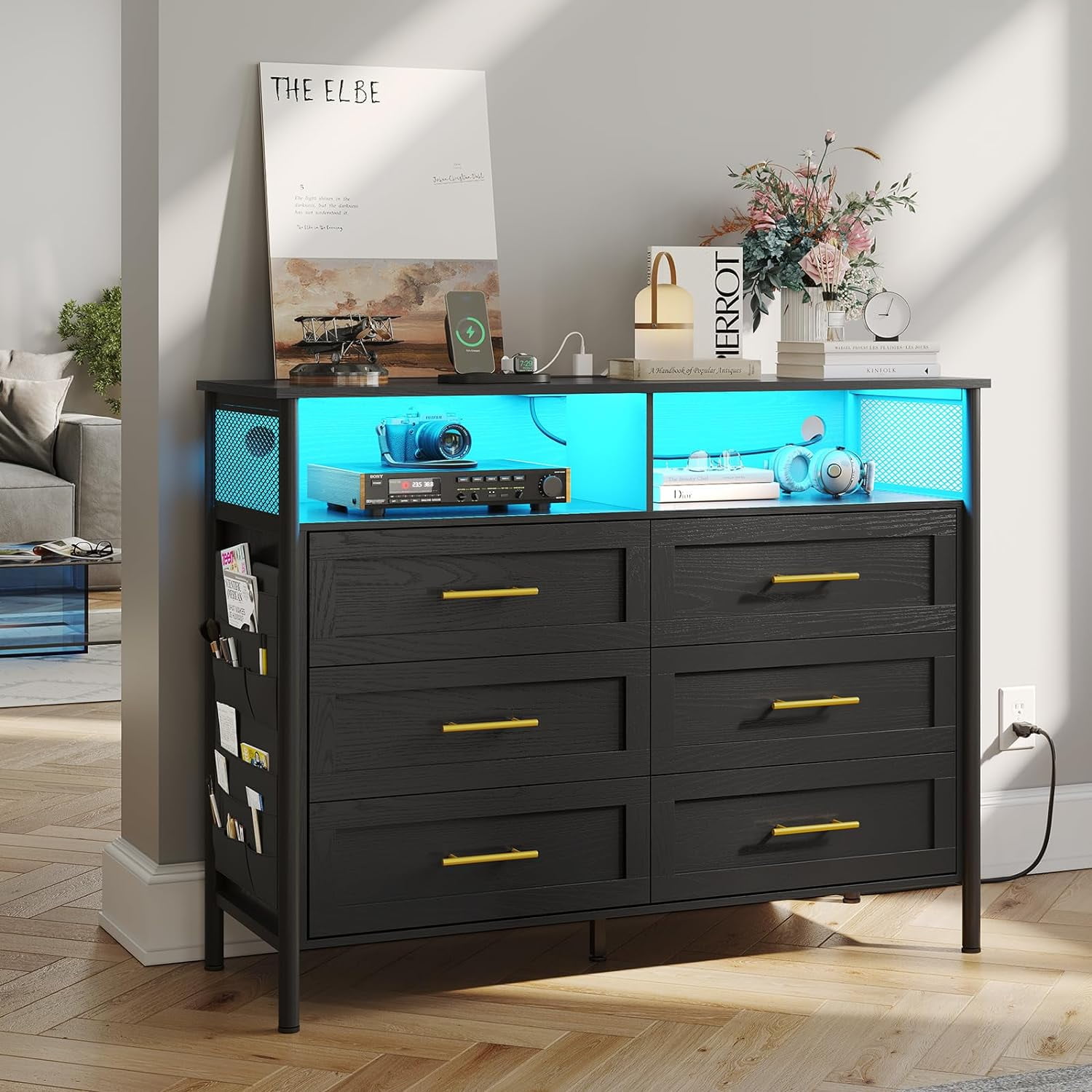6 Drawers Dresser for Bedroom with Charging Station and LED Lights ...