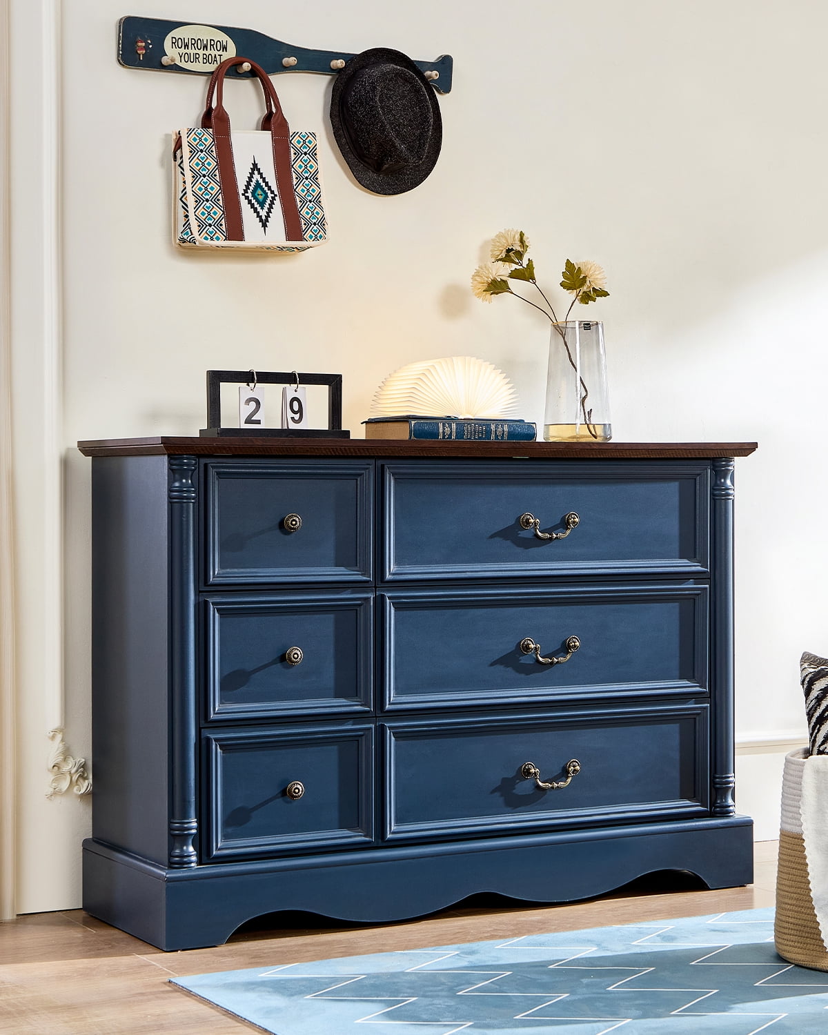 6 Drawers Dresser, Farmhouse Chest of Drawers with Charging Station ...