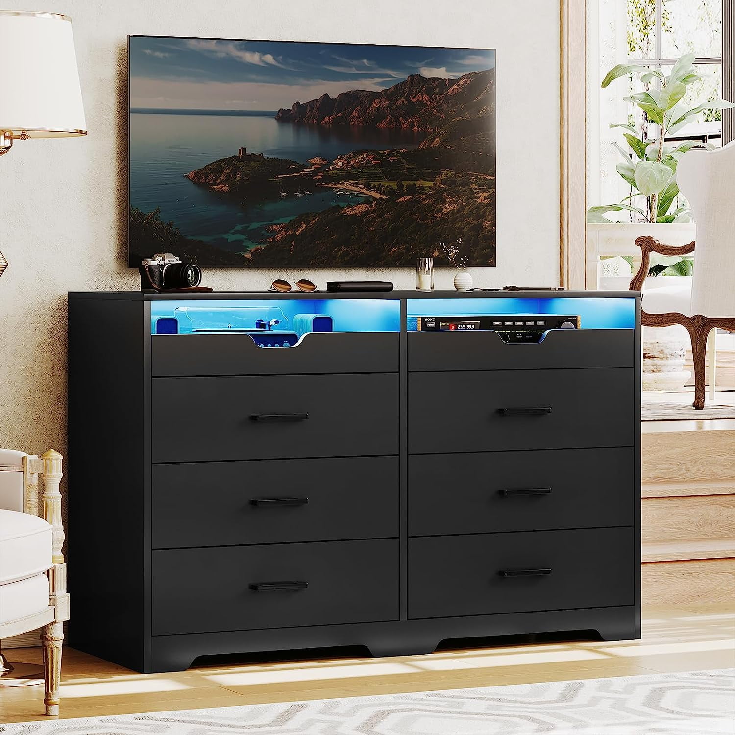 6 Drawers Dresser with LED Lights&Pull-Out Tray for Bedroom,Modern ...