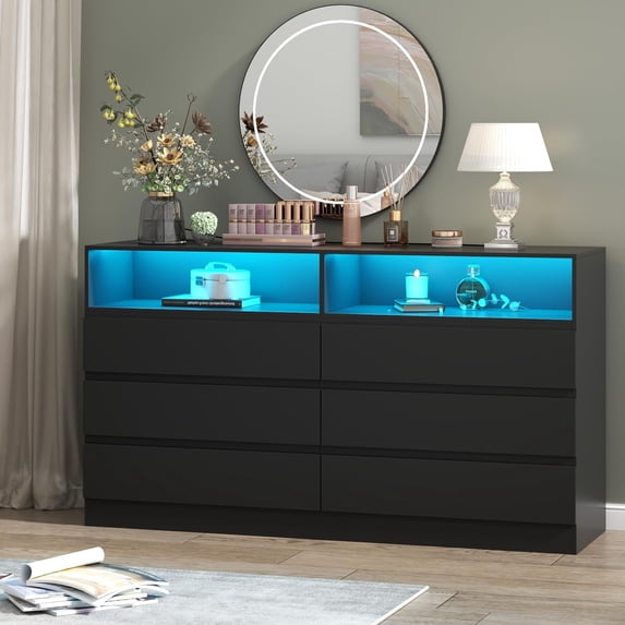 6 Drawers Dresser with Power Outlet & LED Light, Modern Handleless ...