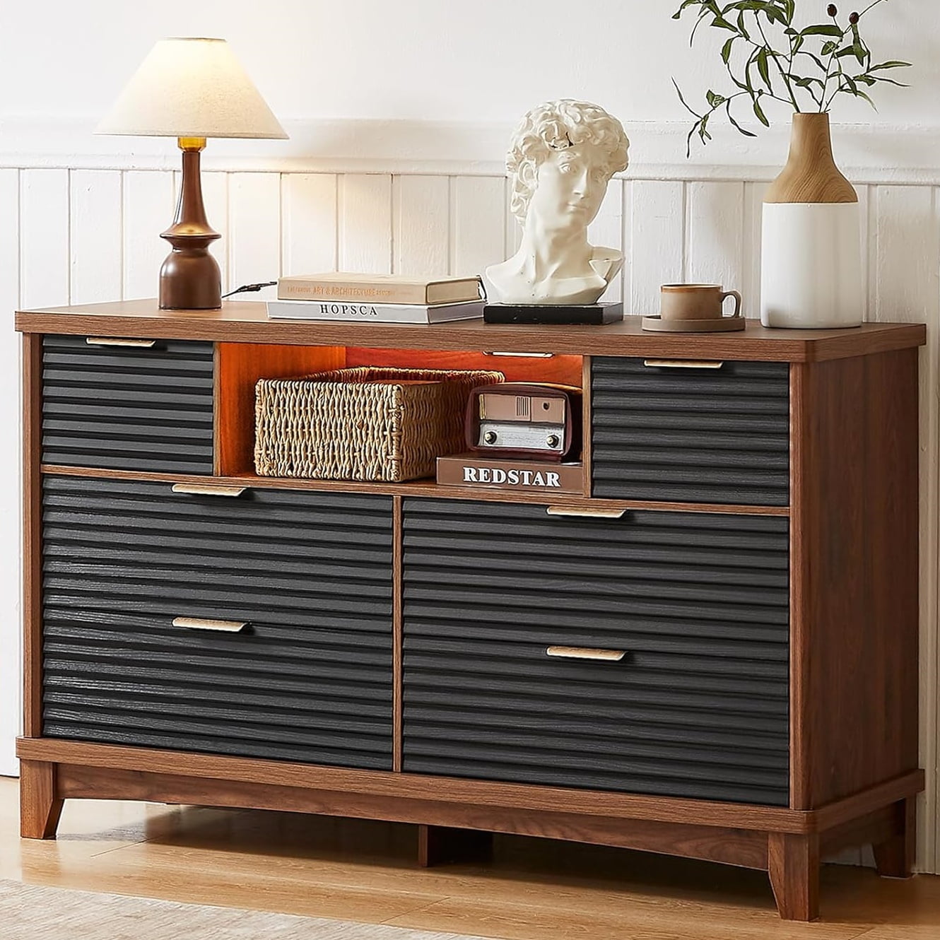 6 Drawer Fluted Dresser for Bedroom, Retro Wide Dresser with Slanted ...