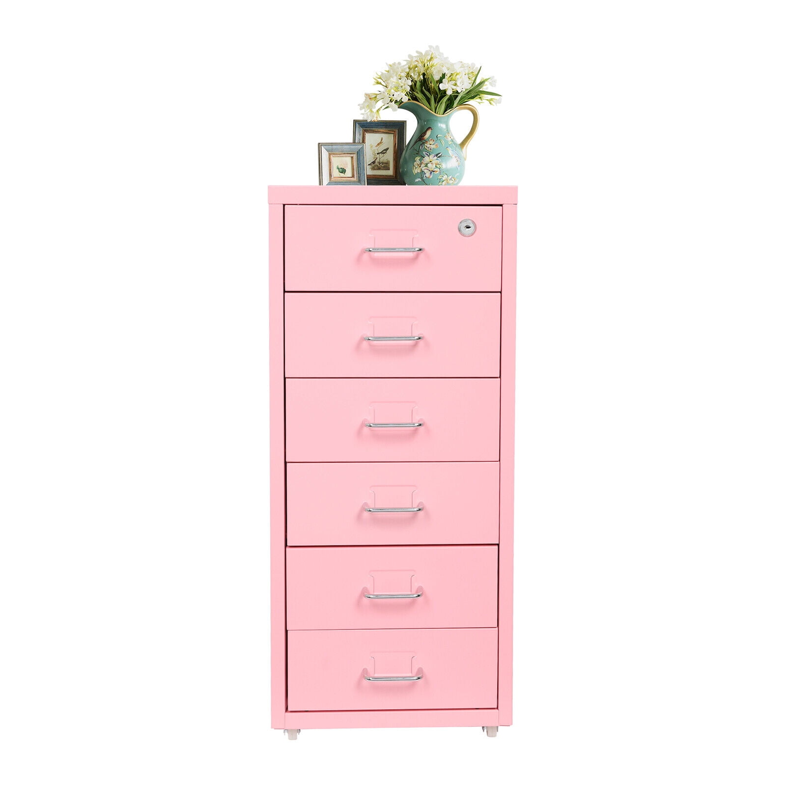 6 Drawers Pink Storage Cabinet with 4 Wheels - Cold-Rolled Steel ...