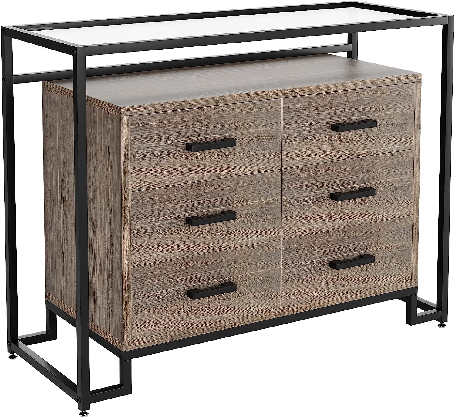 6 Drawers Wood Dresser Chest with Steel Frame,Dresser with Tempered ...