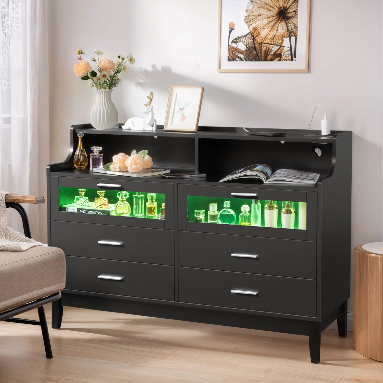 6 Drawers Wood Tempered Glass Dresser with LED Light Strips, Modern ...