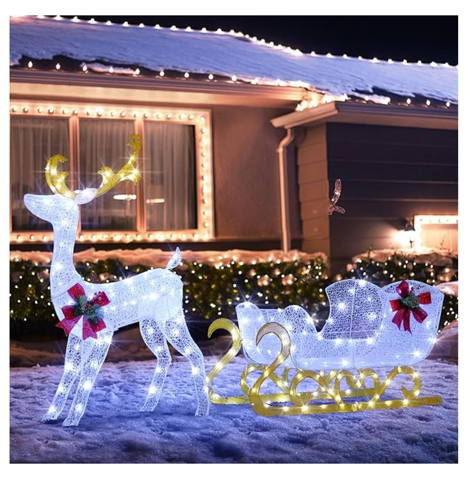 6 FT Christmas Lighted Reindeer & Santa’s Sleigh, Xmas Lighted Outdoor ...