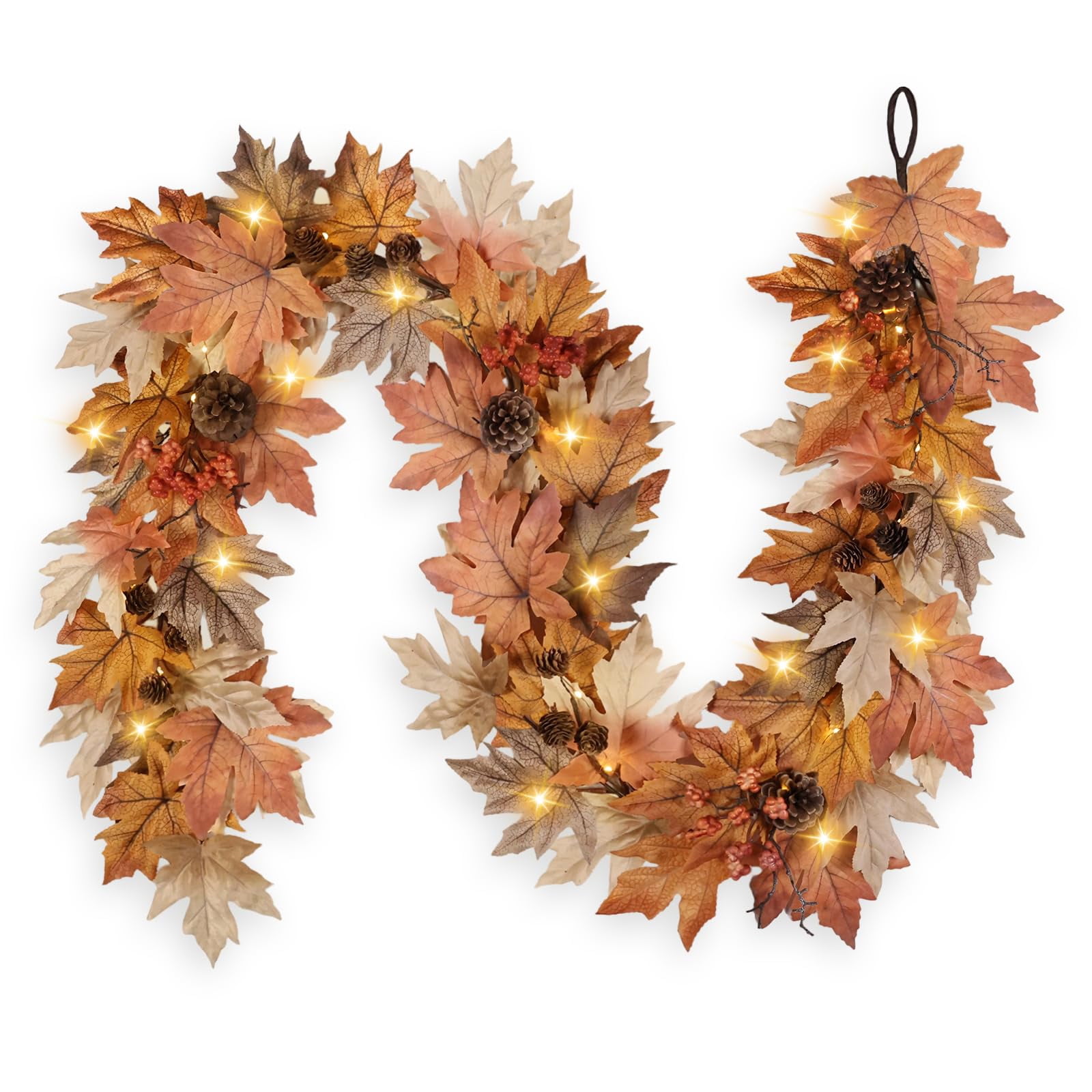 6 FT Fall Garland with Lights Fall Leaves Garland with Berries Pine ...