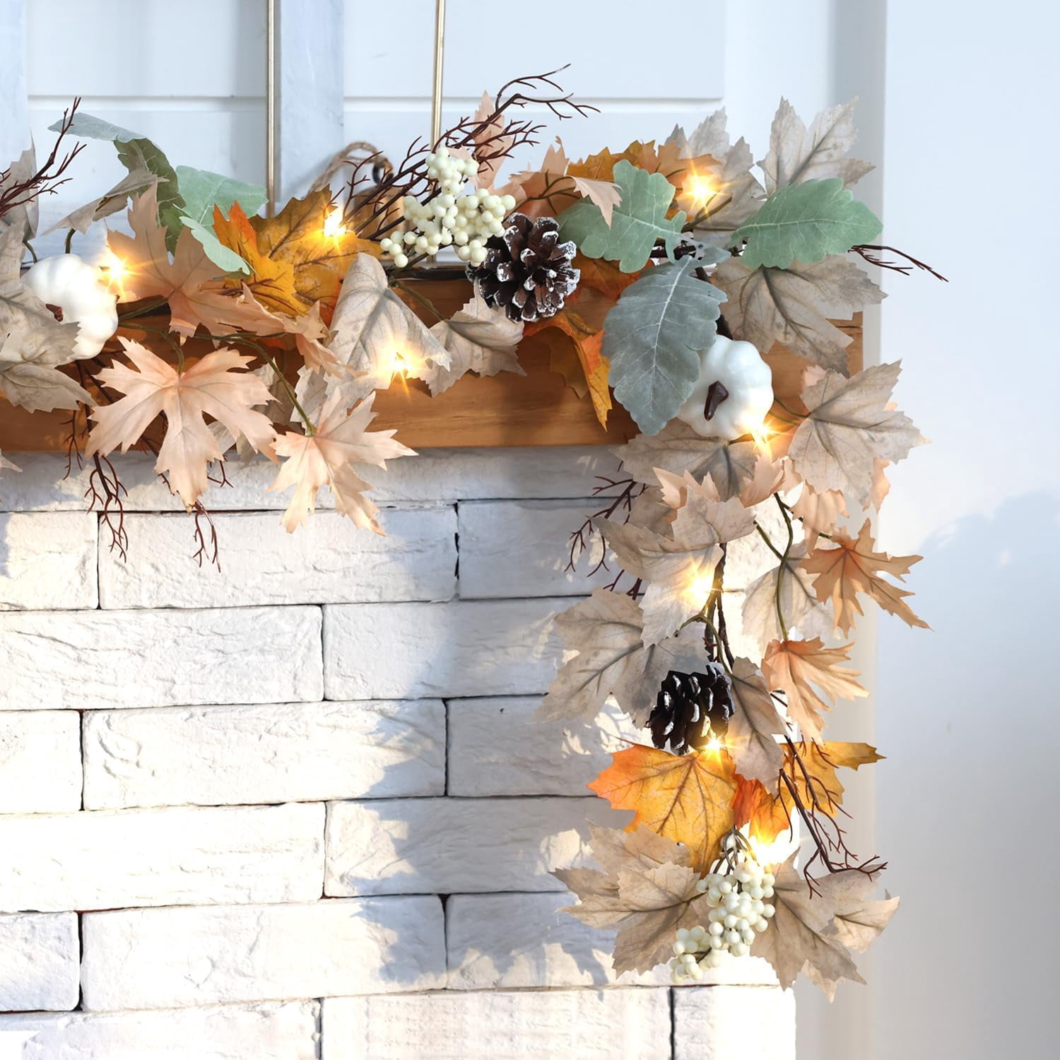 6 FT Fall Garland with Lights Neutral Fall Leaves Mantle Garland with ...