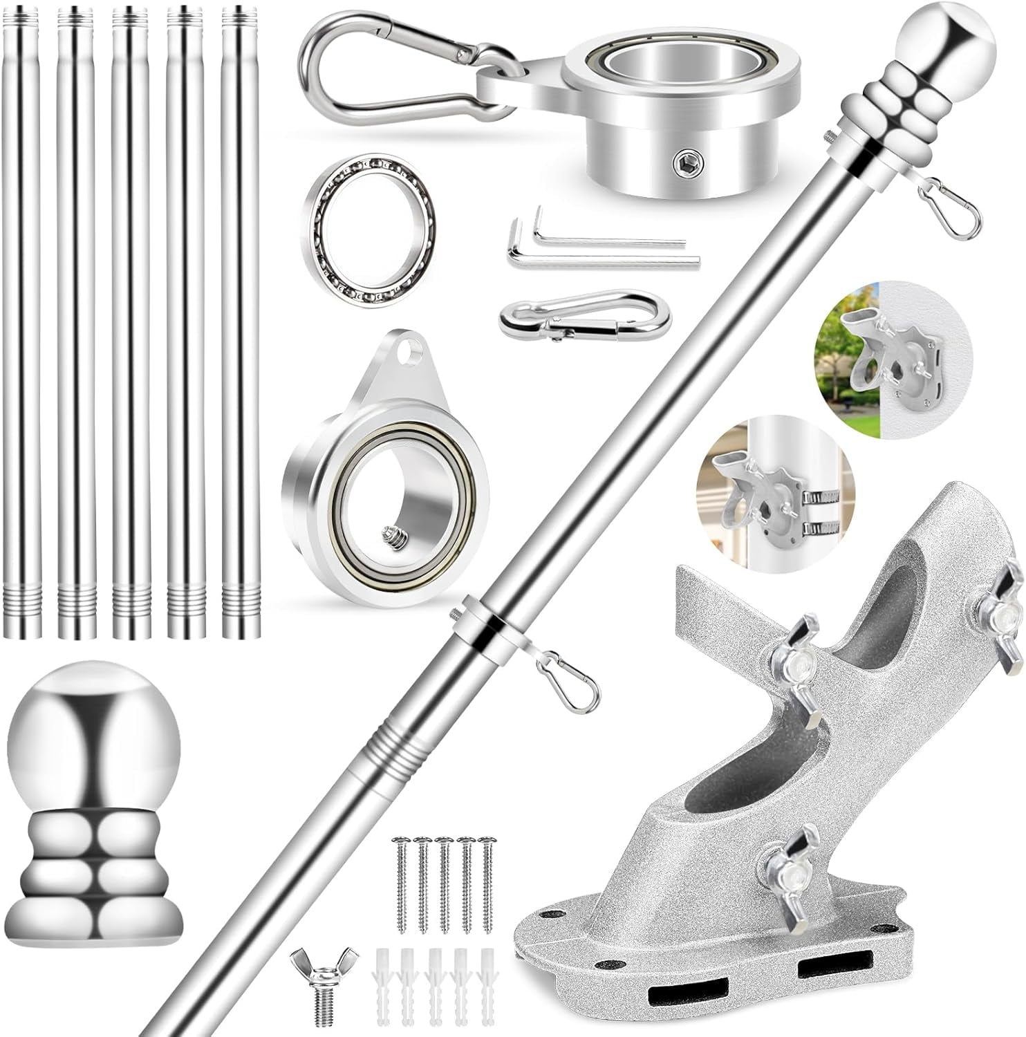 6 FT Flag Pole with Bearings Rings and Bracket, 360° Spinning Poles Kit ...