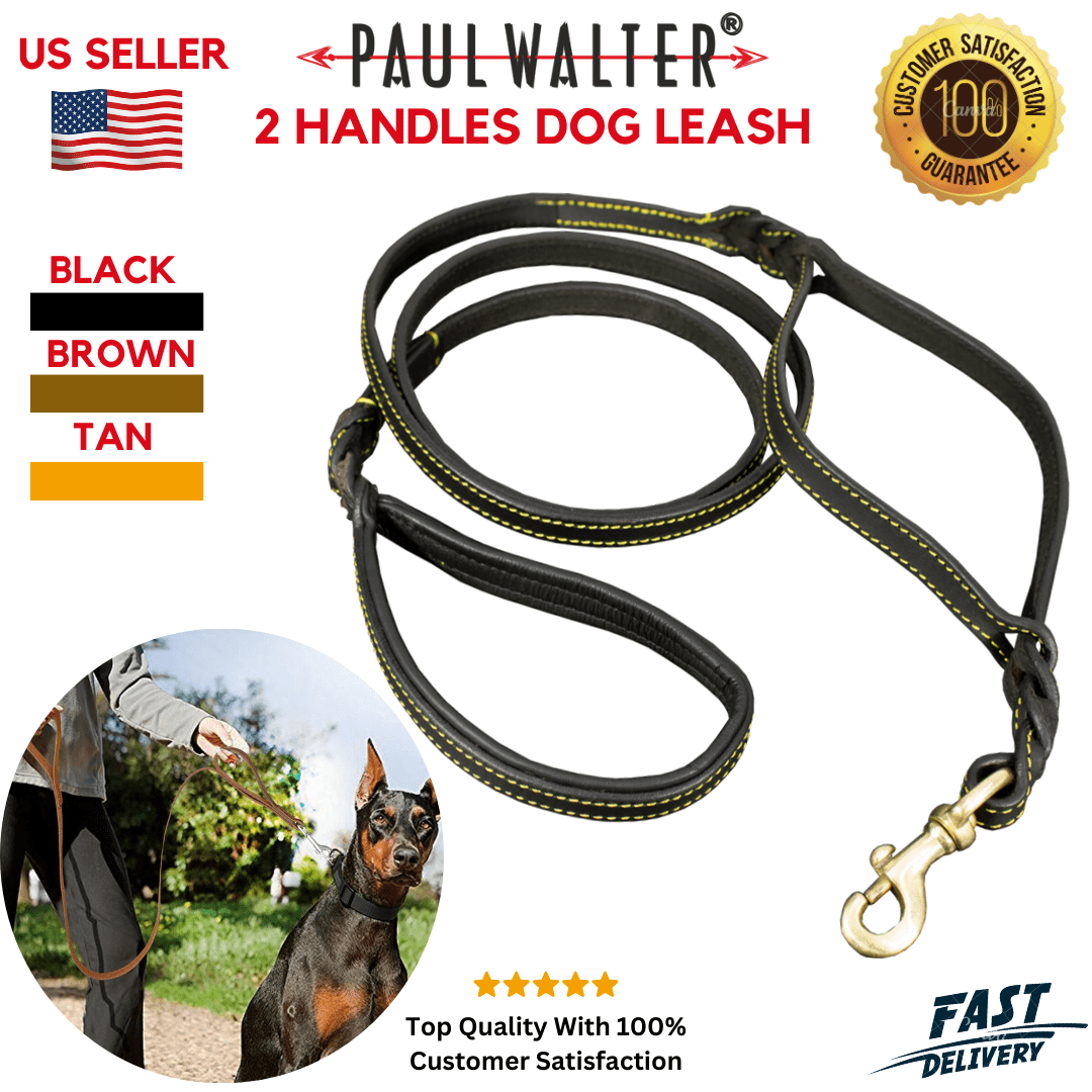 6 FT. Genuine Leather Dog Leash, 2 Handles, Extra Long Leash, Easy ...