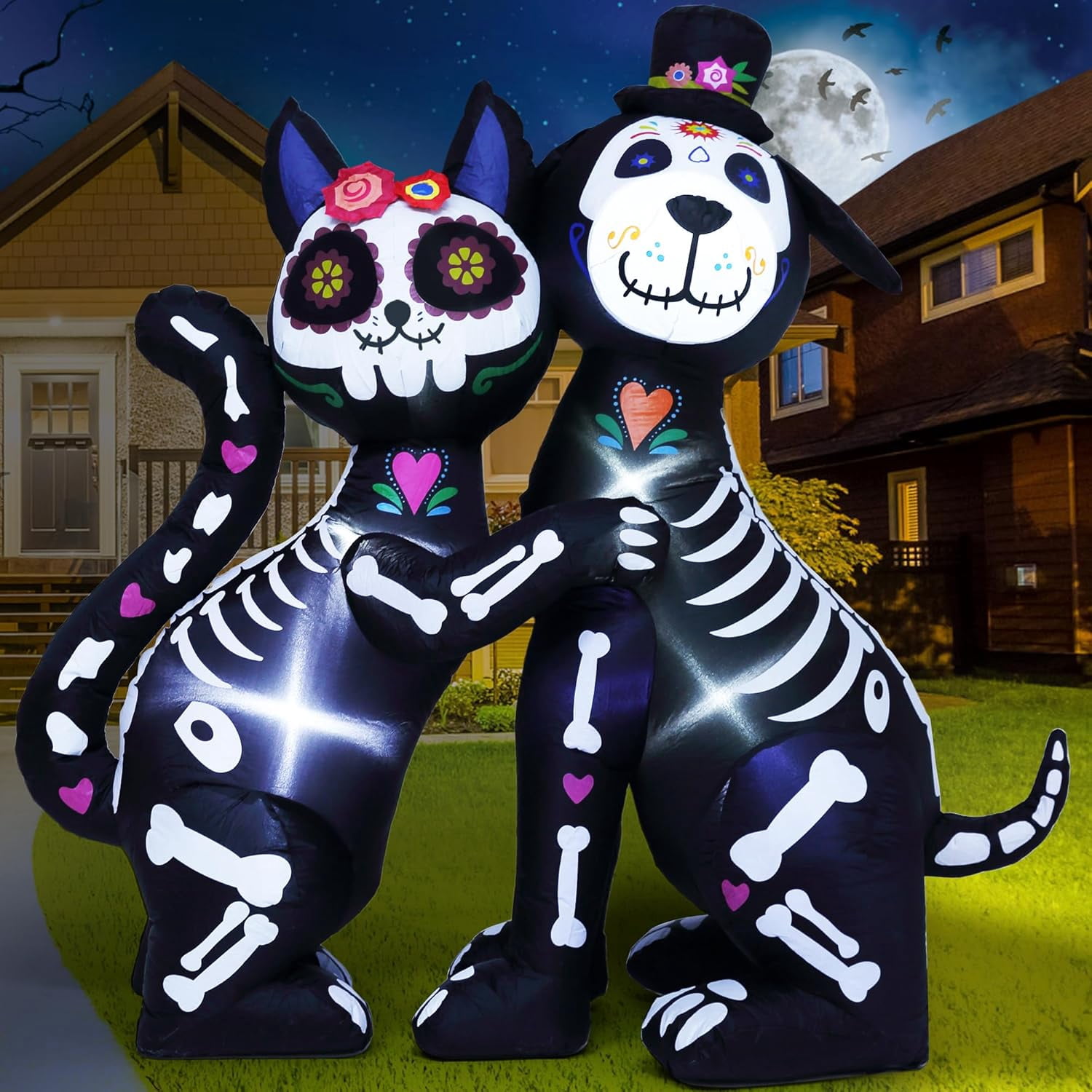 6 FT Halloween Inflatables Skeleton Black Cat and Dog Day of The Dead ...