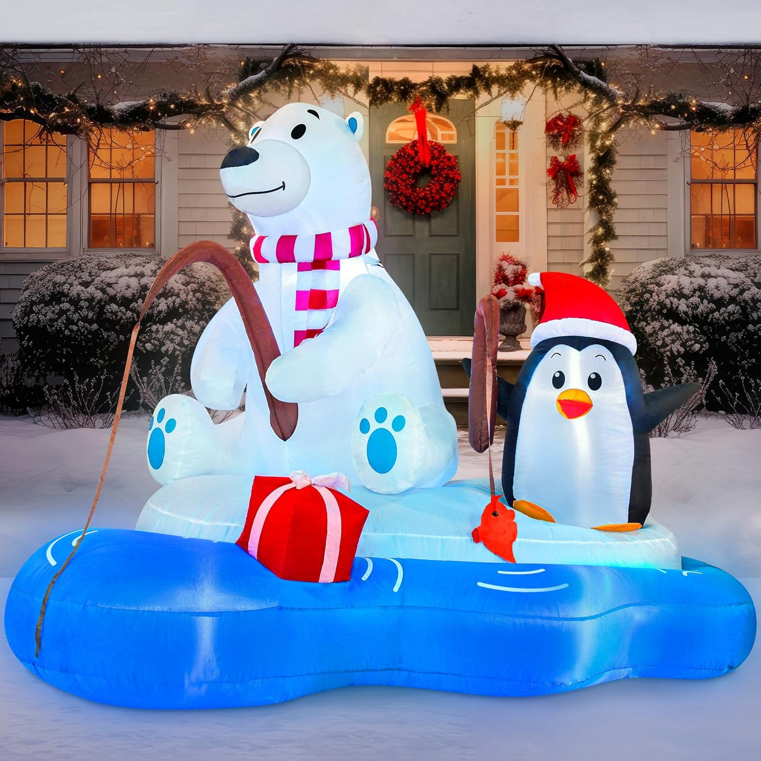 6 FT Long Christmas Inflatable Polar Bear Fishing with Penguin ...