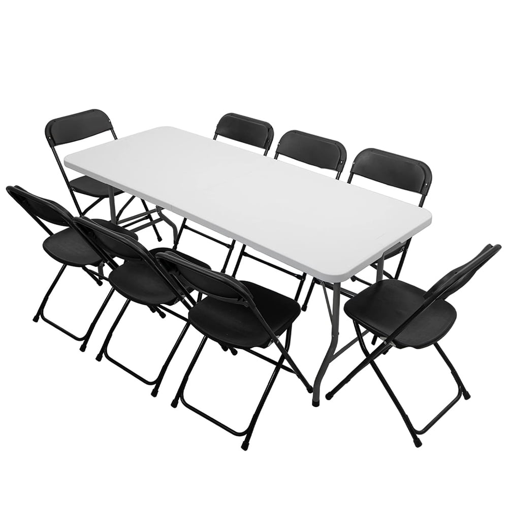 6 FT Plastic Folding Table Set with 8 Black Folding Chairs, Picnic ...