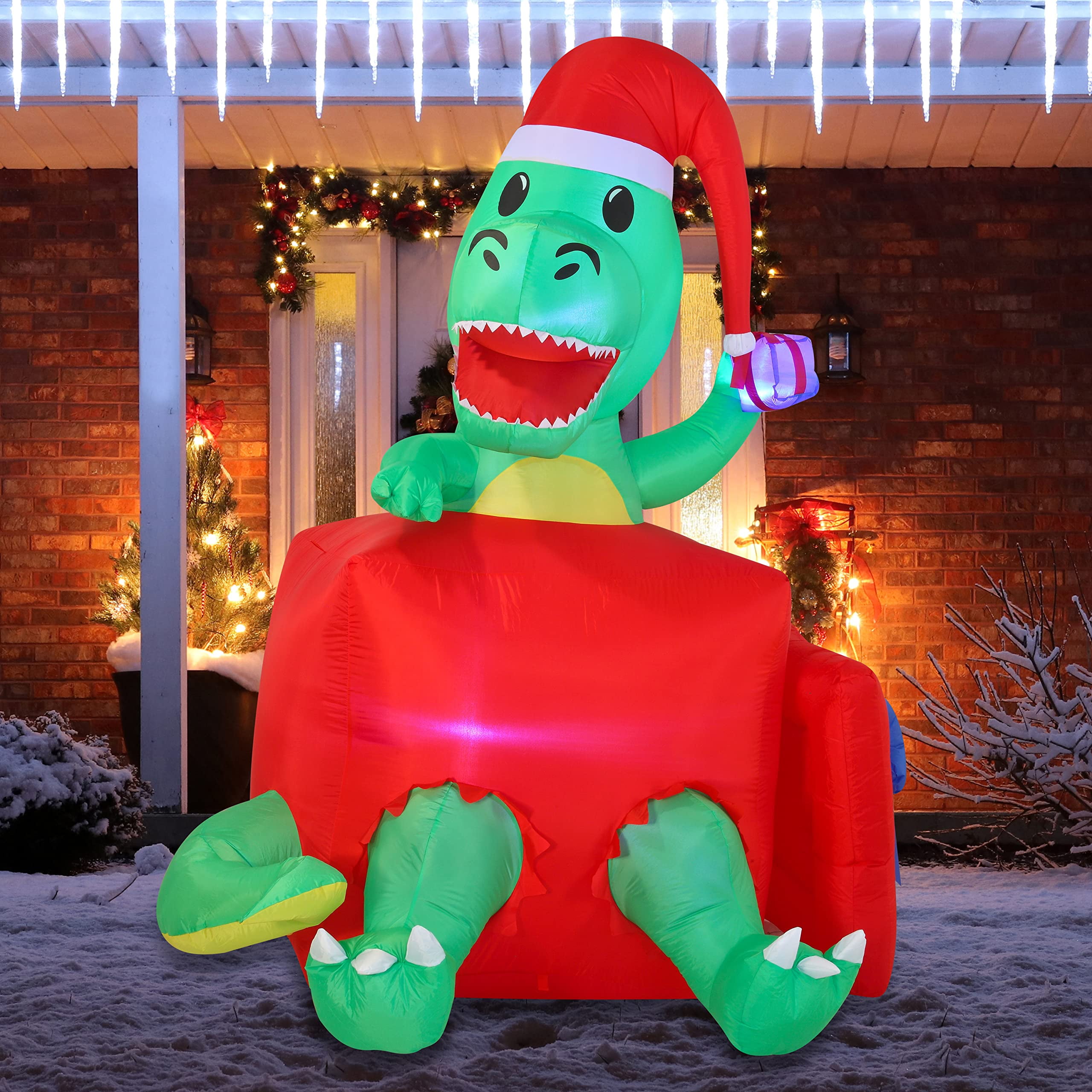 6 FT Tall Inflatable Dinosaur in a Gift Box Christmas Inflatable with ...