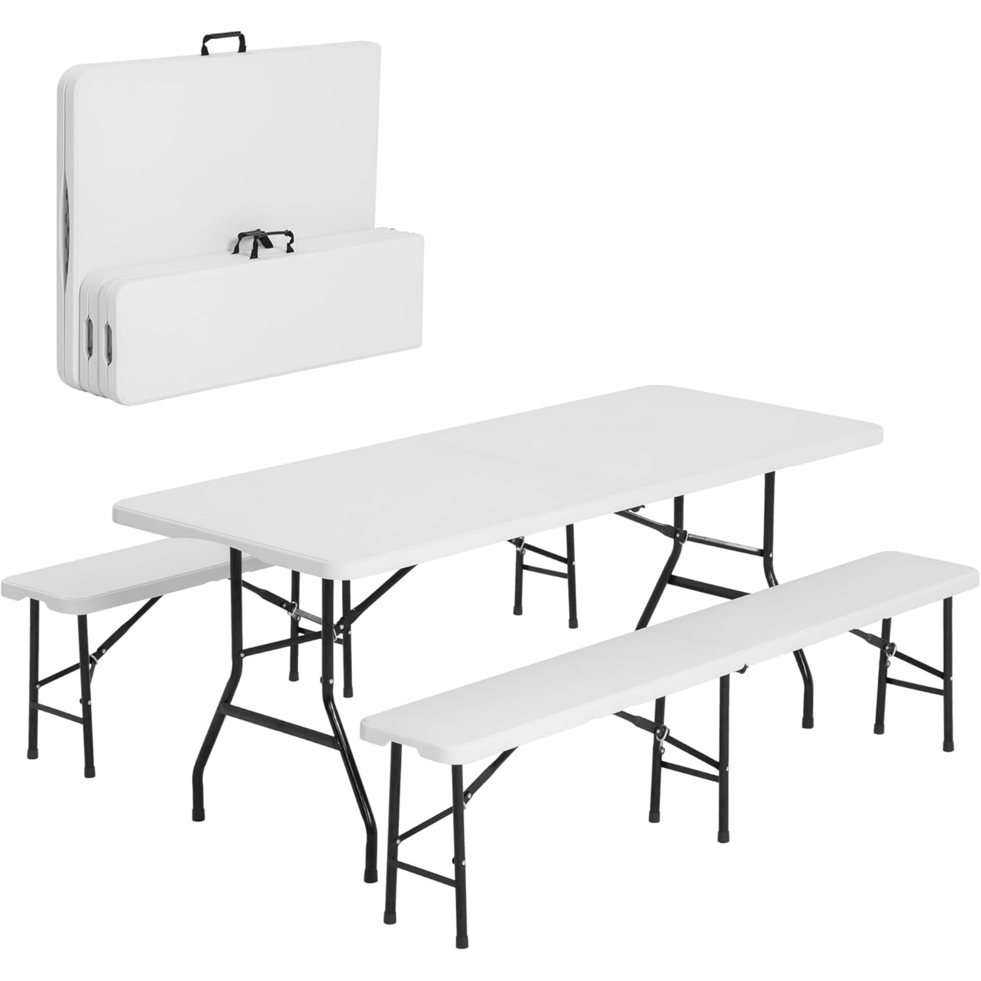 6 FT White Picnic Folding Table Set with 2 Benches, Portable Patio ...