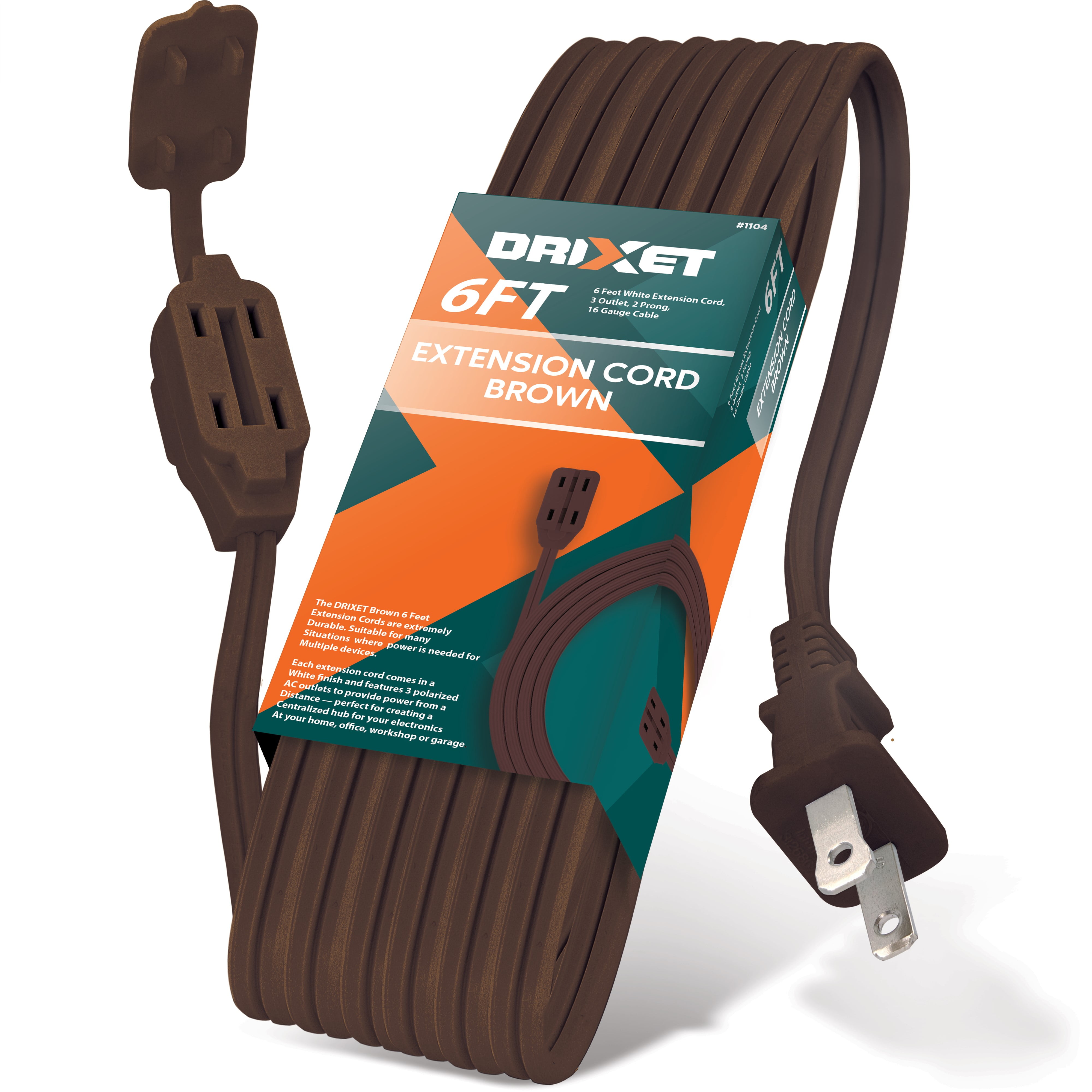 6 Feet Brown Extension Cord, 3 Outlet, 2 Prong, 16 Gauge Cable, Heavy ...