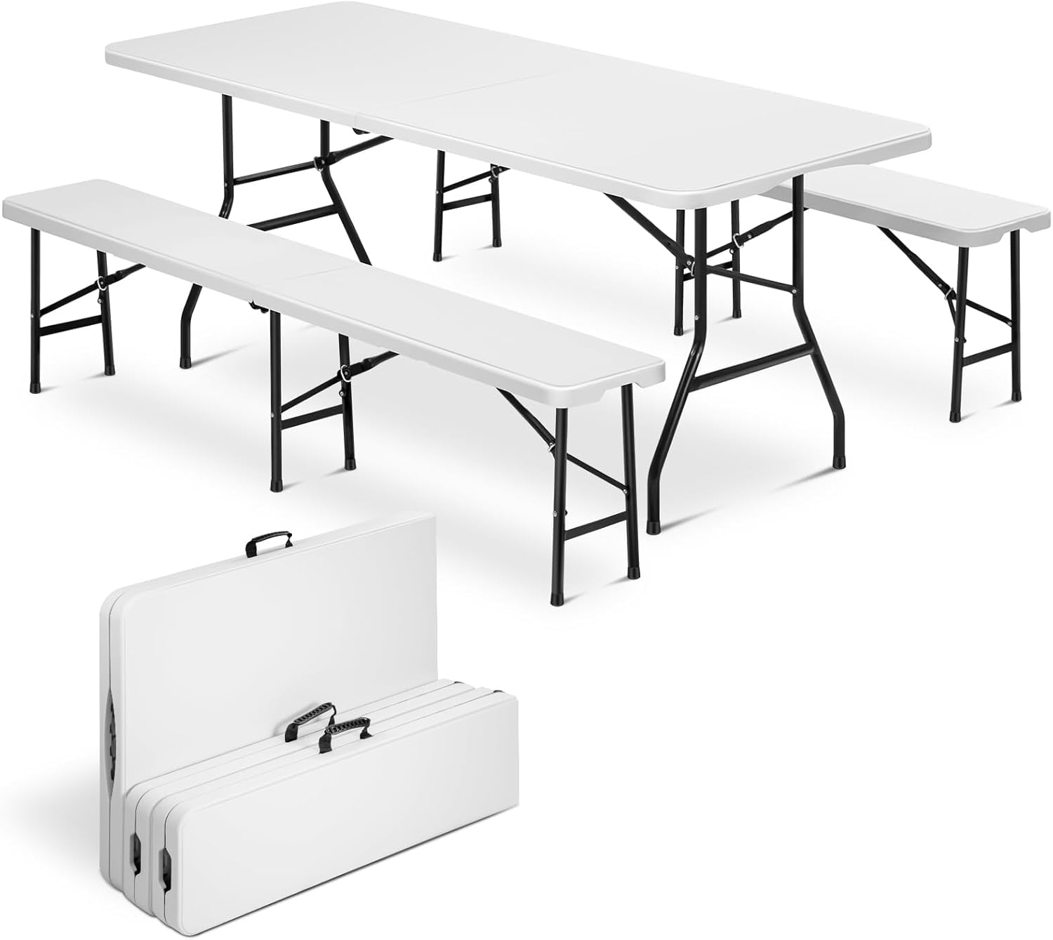 6 Feet Picnic Table Set with 2 Benches, 6ft Folding Camping Table Chair ...