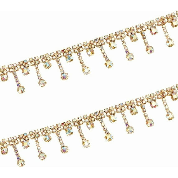 6 Feet Rhinestones Fringe Trim Ribbon Golden Irregular Style Tassel AB ...