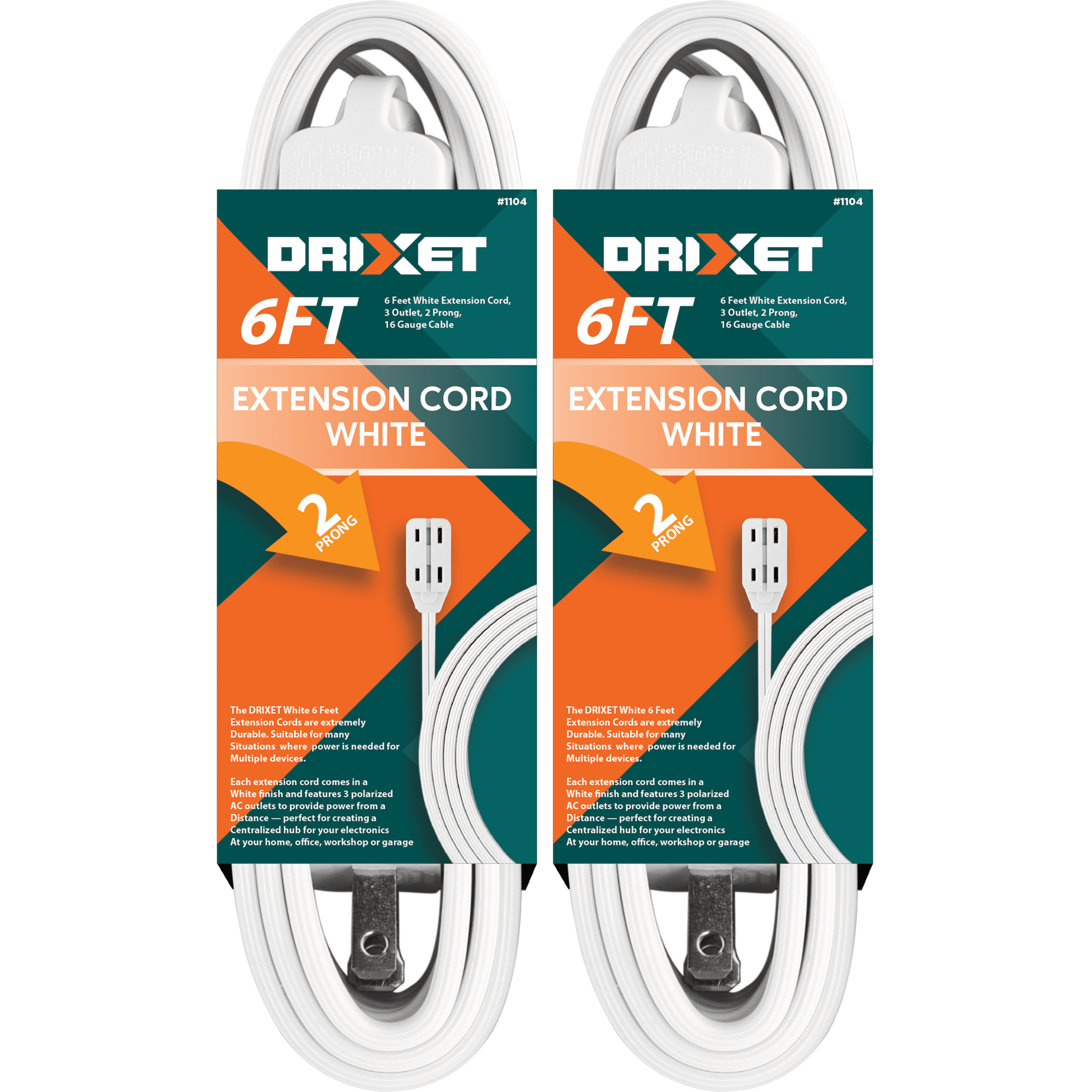 6 Feet White Extension Cord, 3 Outlet, 2 Prong, 16 Gauge Cable, Heavy ...