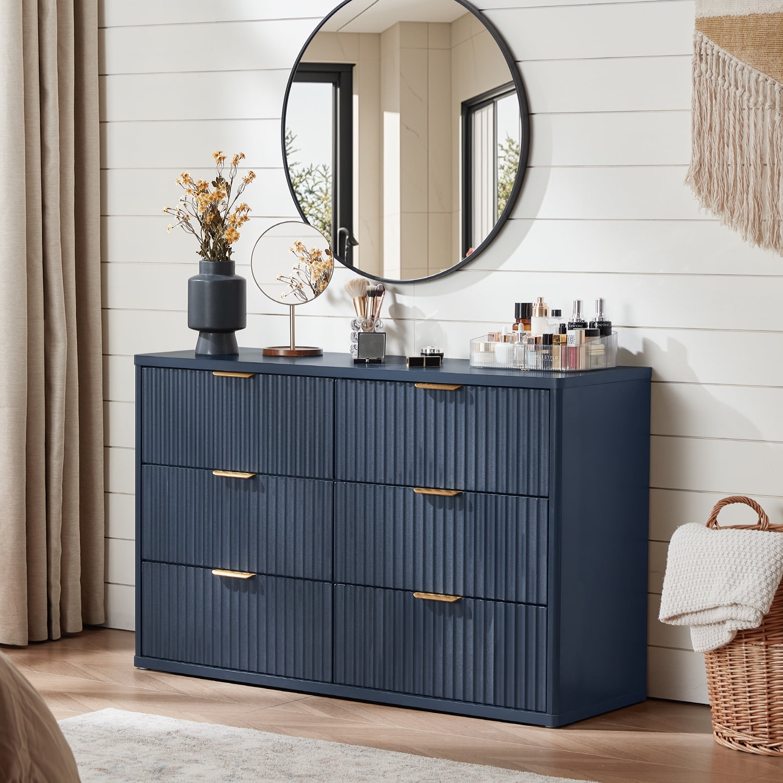 6 Fluted Drawer White Dresser, 48"H Wide Storage Cabinet with Upgraded ...