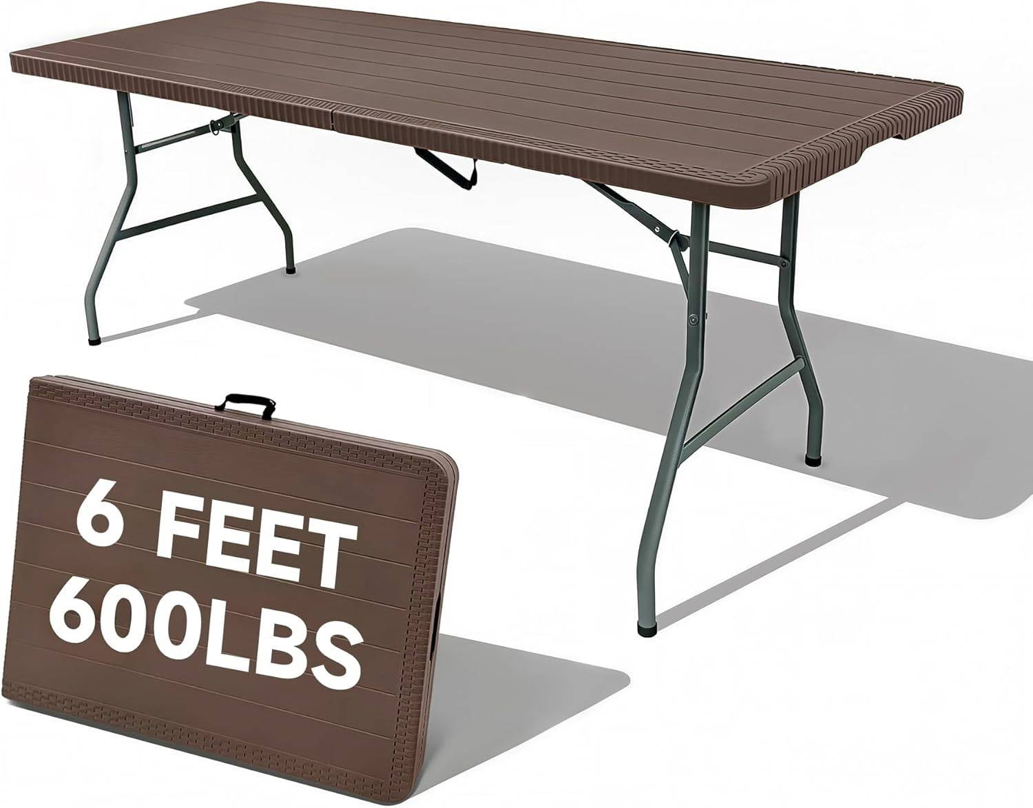 6-Foot Folding Table, HDPE Wood Grain Top, 600 lbs Capacity, Sturdy ...