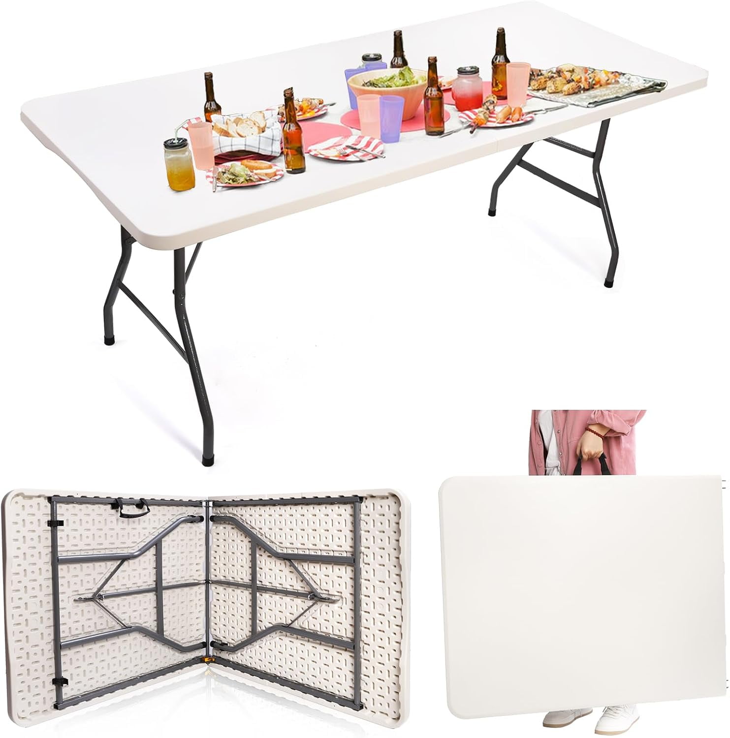 6 Foot Folding Table, Portable Plastic Dining Table, Fold-in-Half Heavy ...