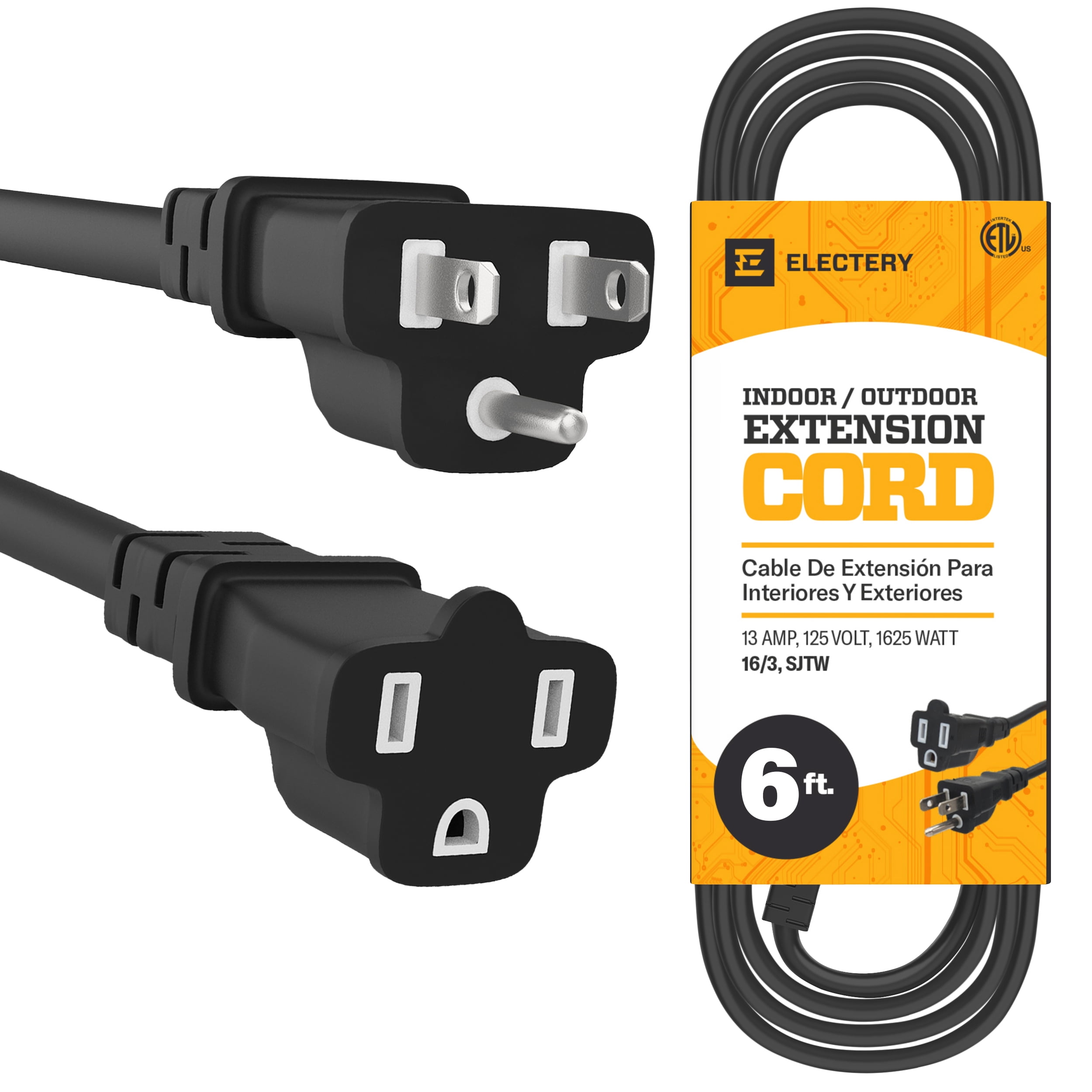 ELECTERY Heavy Duty 6 Ft Black Indoor Outdoor Extension Cord with ...