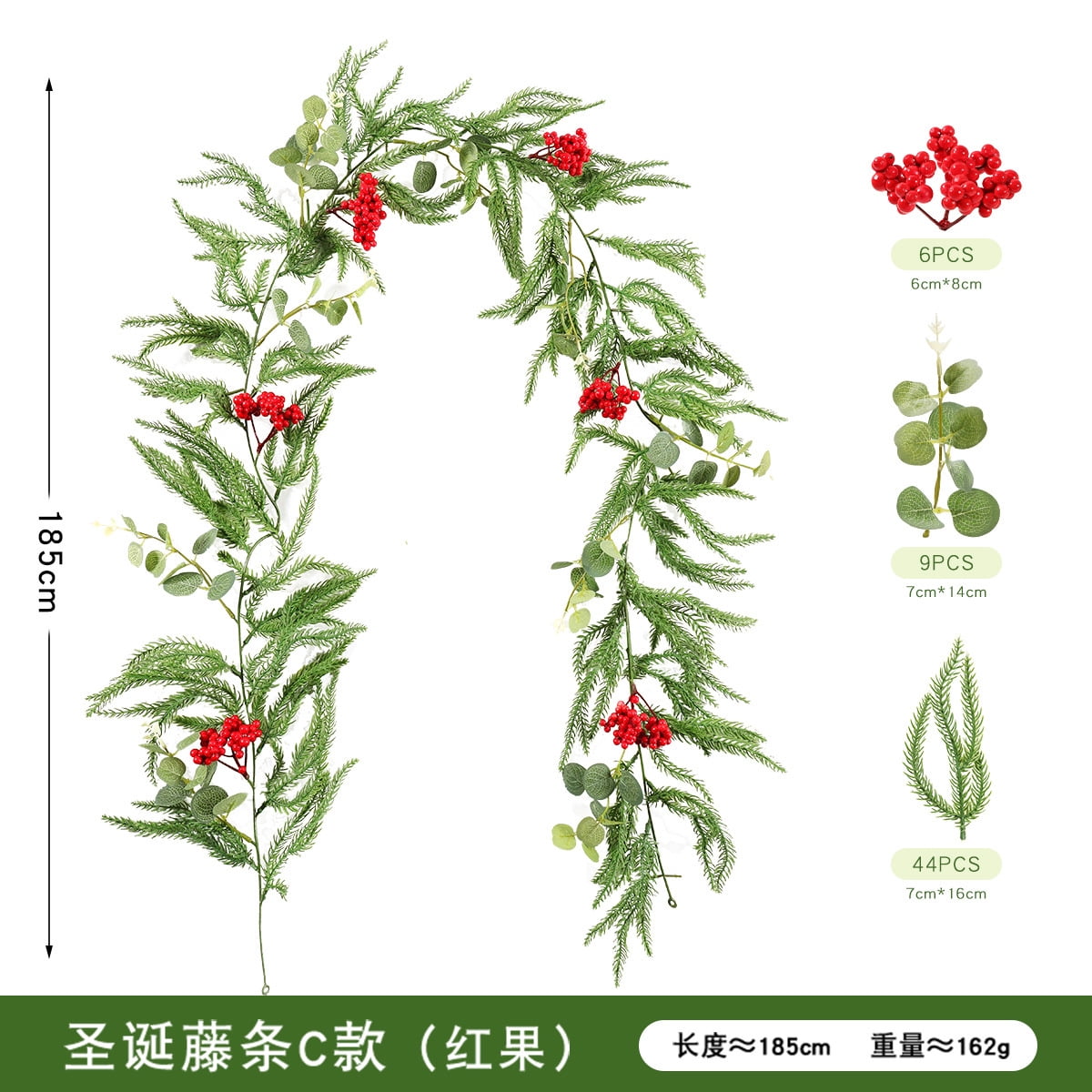 6 Ft Christmas Garland - Artificial Pine Eucalyptus Leaf Garland, with ...