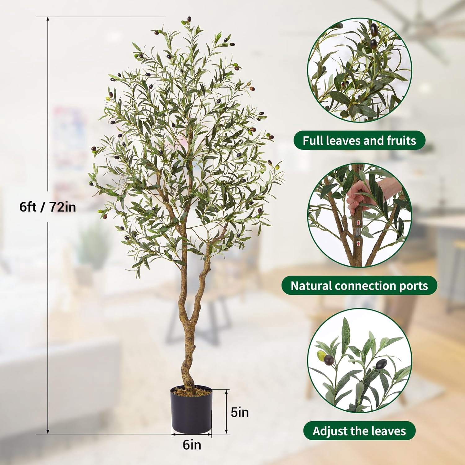 6 Ft Faux Olive Tree with Realistic Leaves and Olives, Indoor Outdoor ...
